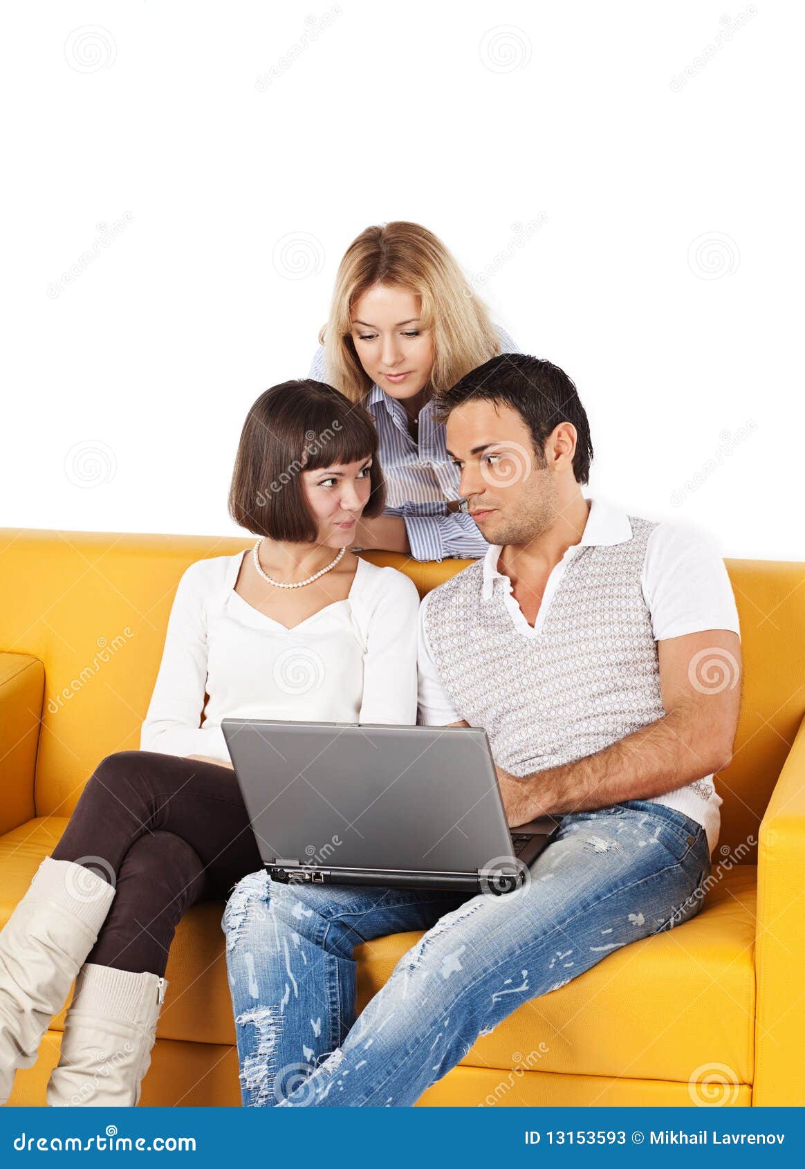 Three Friends with Laptop Computer Stock Image - Image of person, team ...