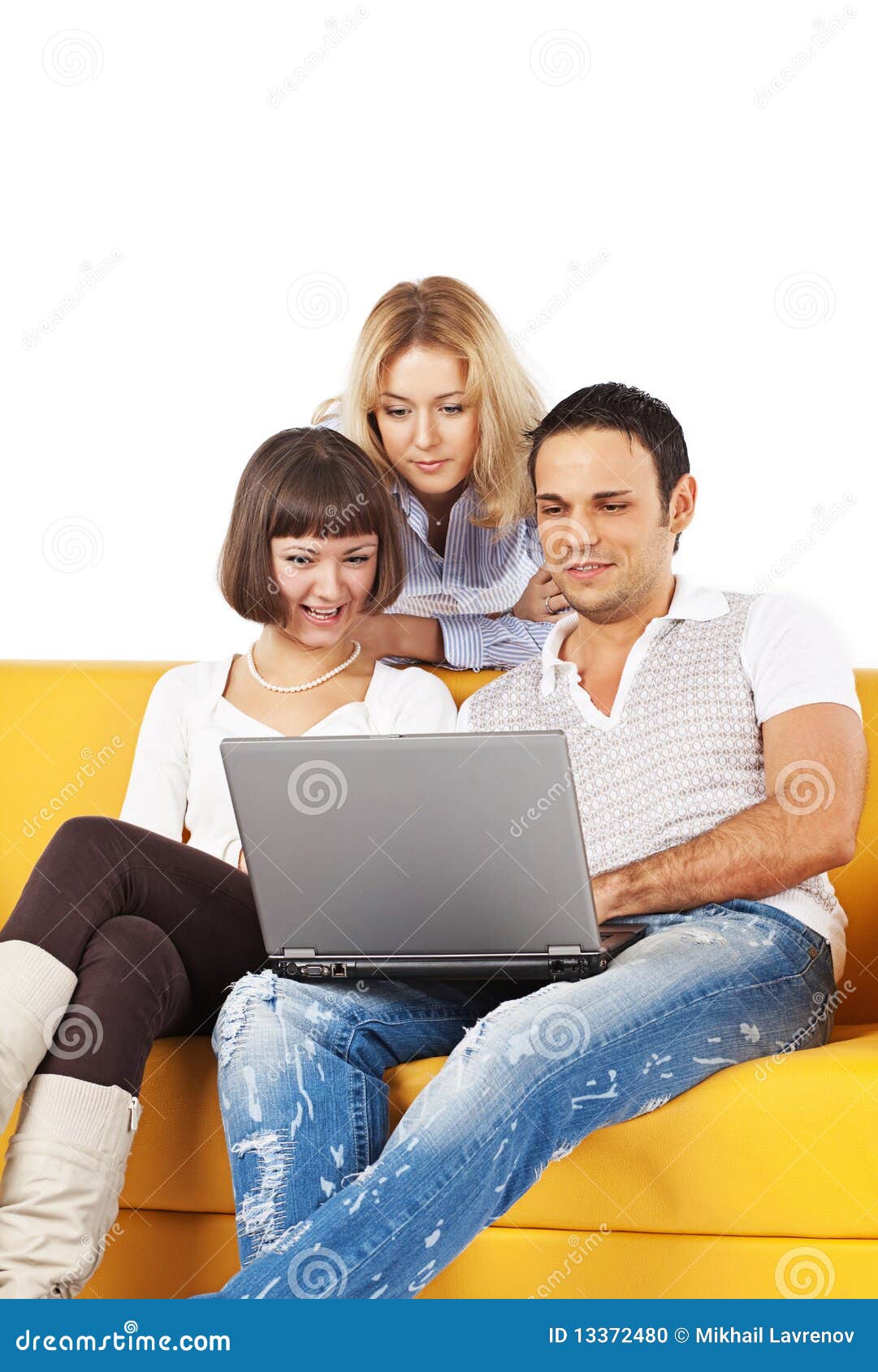 Three Friends with Laptop Computer Stock Photo - Image of person ...