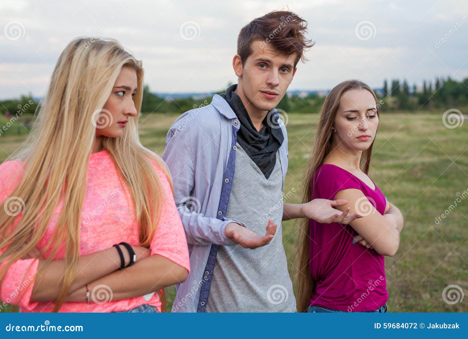 Three Friends in Park after Huge Fight. Stock Photo - Image of female ...