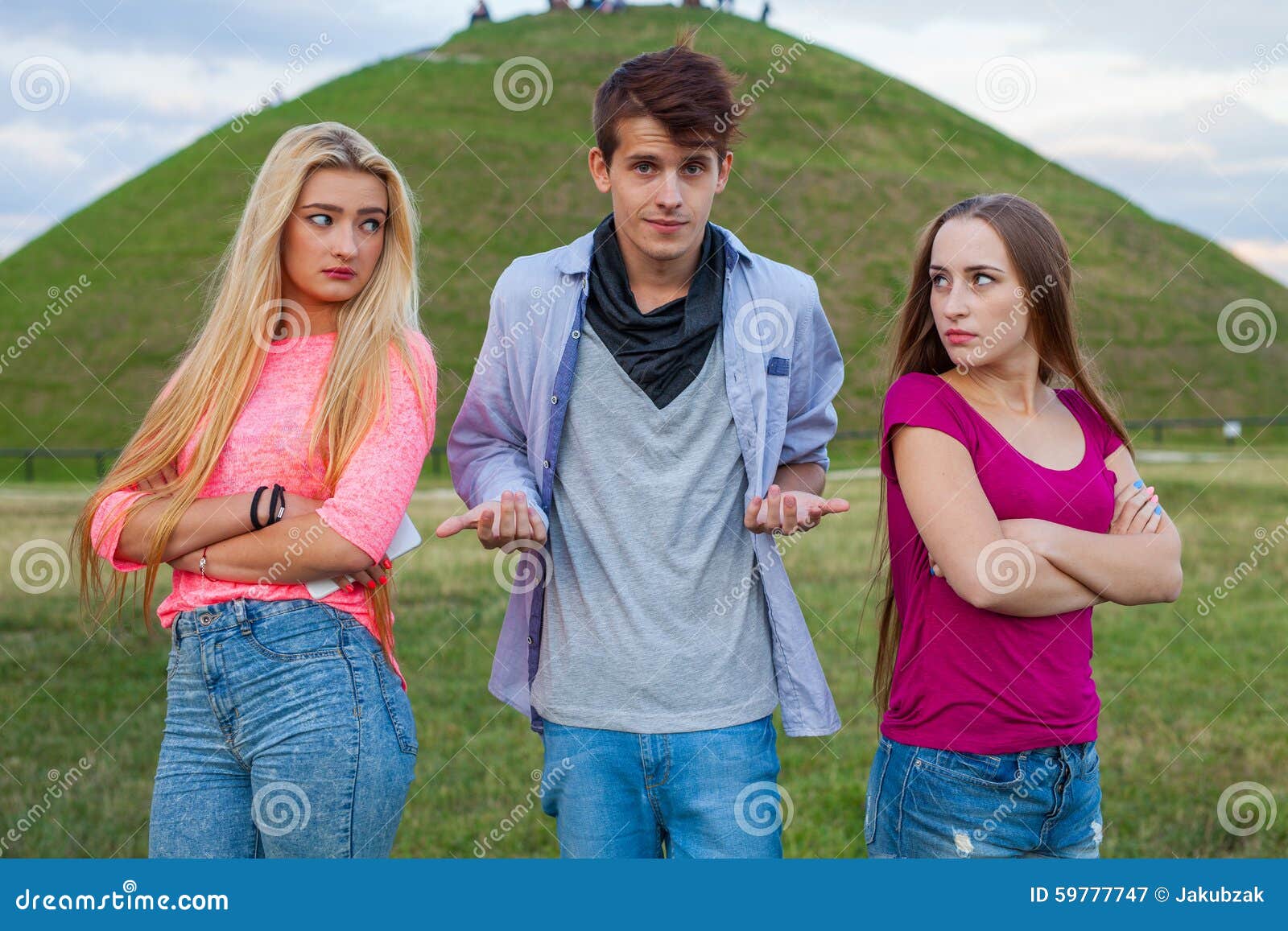 Three Friends in Park after Huge Fight. Stock Image - Image of pretty ...