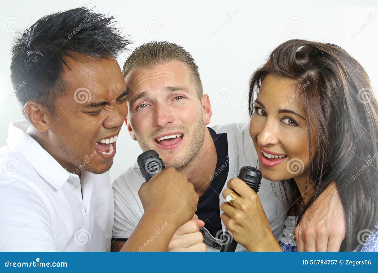 Three friends singing stock image. Image of karaoke, friendship - 56784757
