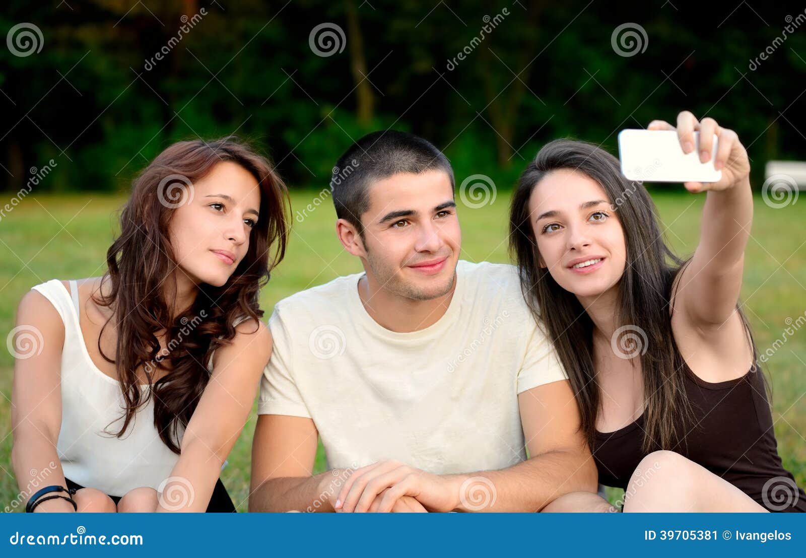 Three Friends Taking Photos Outside and Smiling Stock Image - Image of ...