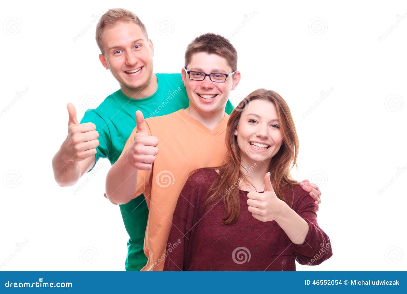 Three Friends with Tumbs Up and Smile Stock Photo - Image of laughter ...