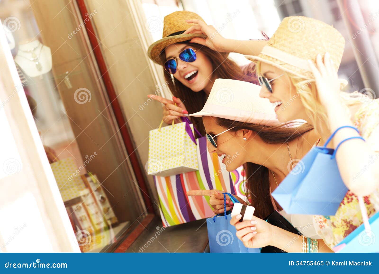 Three Friends Window Shopping Stock Image - Image of happy, caucasian ...