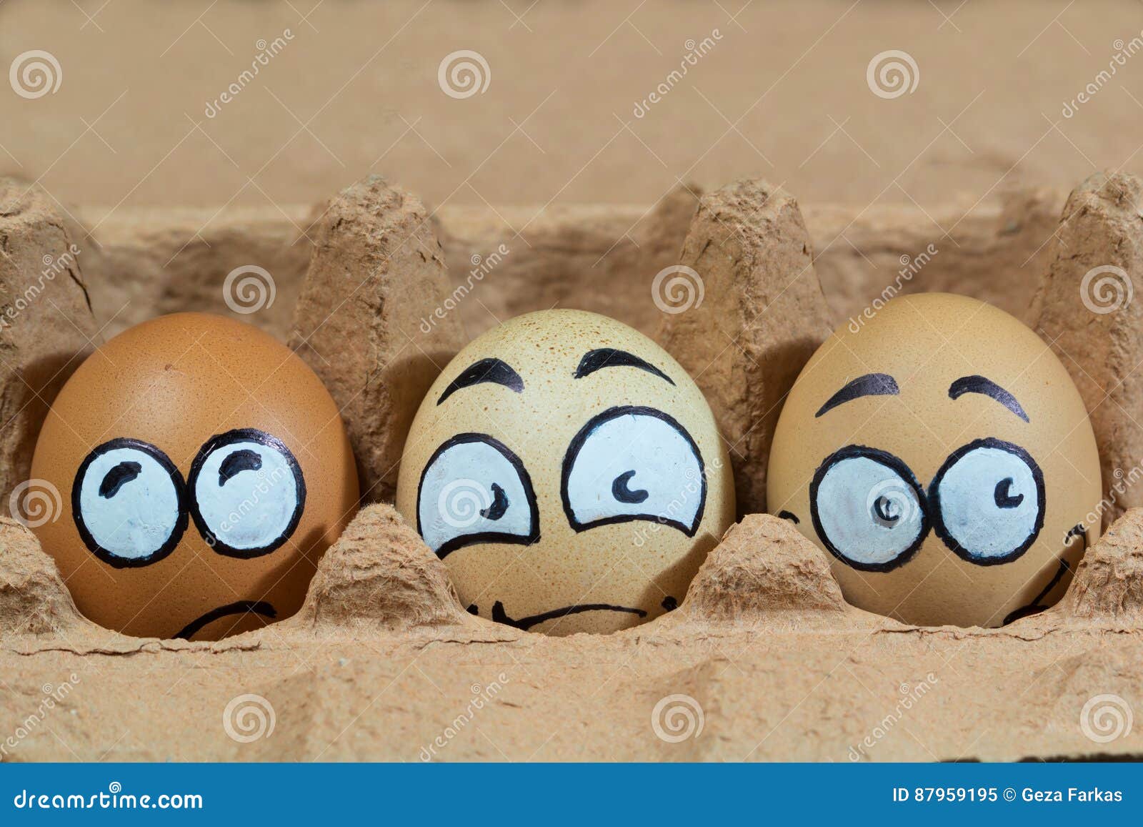 Three Frightened Egg Faces Waiting To Be Cooked Stock Image - Image of ...