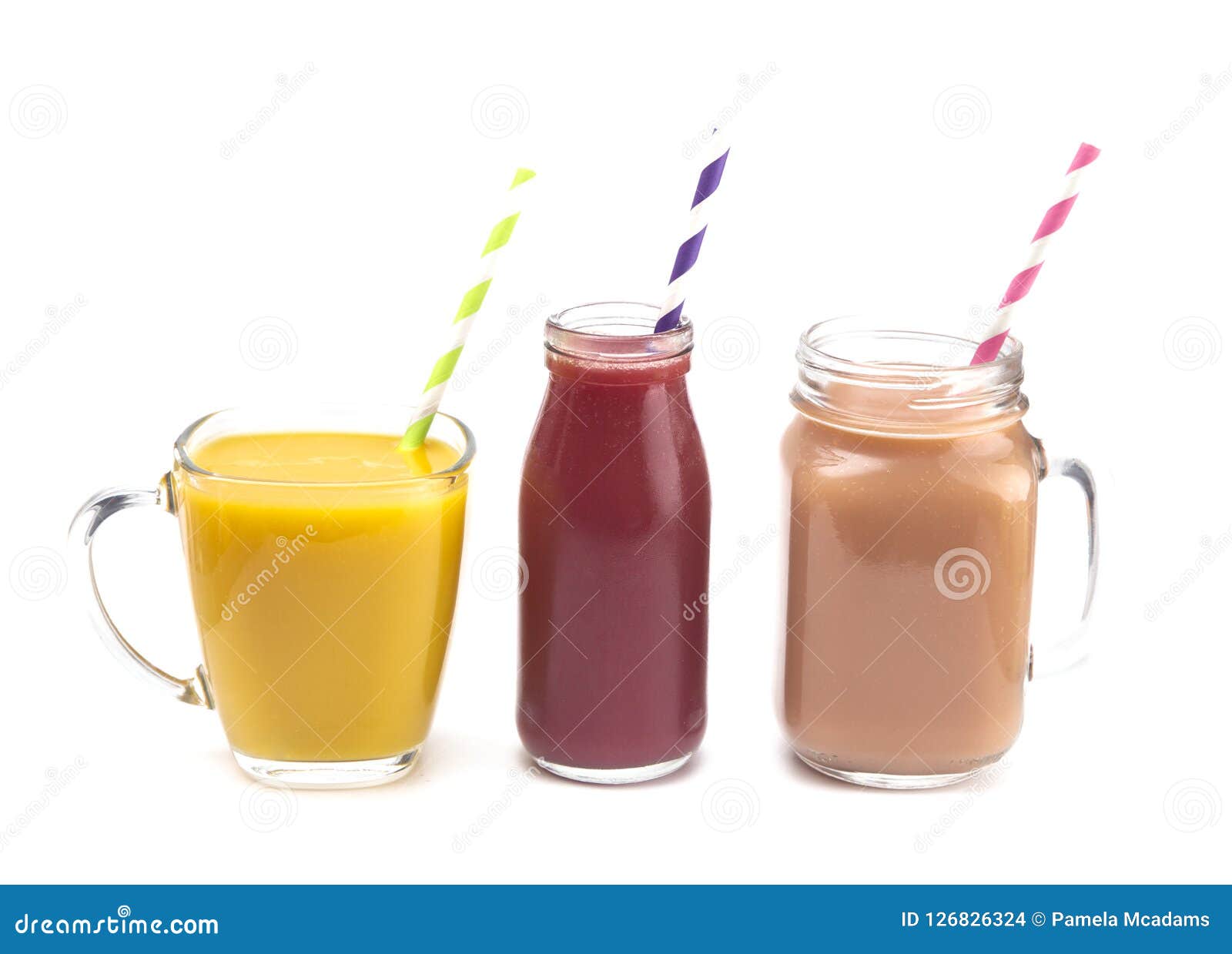 Three Fruit Smoothies in Various Cups with Paper Straws Stock Photo ...