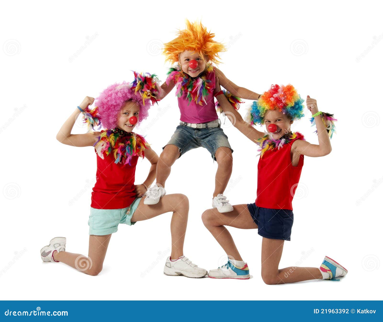 Three funny active clowns stock photo. Image of buffoon - 21963392