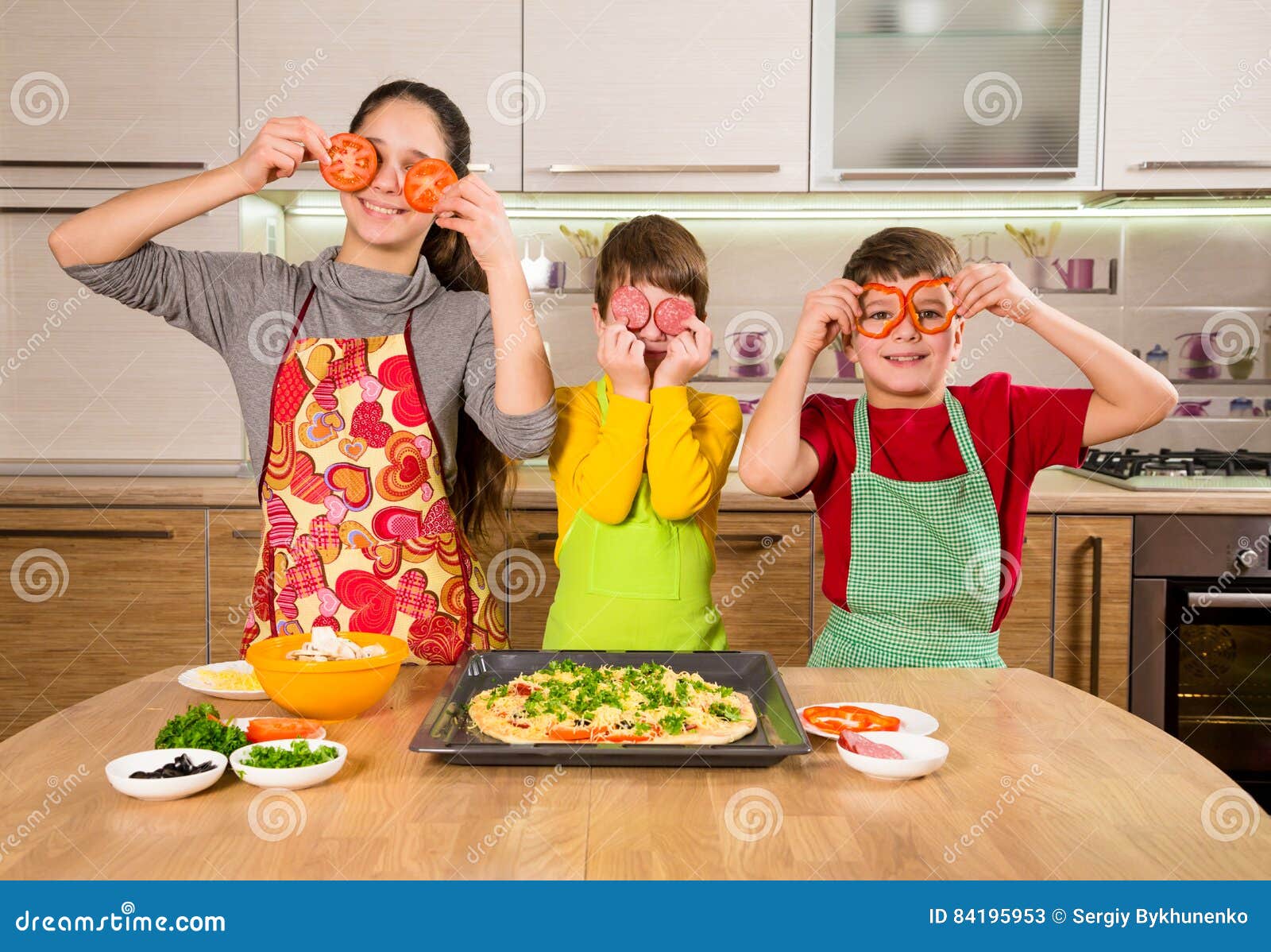 Three Funny Kids Making the Pizza Stock Image - Image of cheerful, cook ...