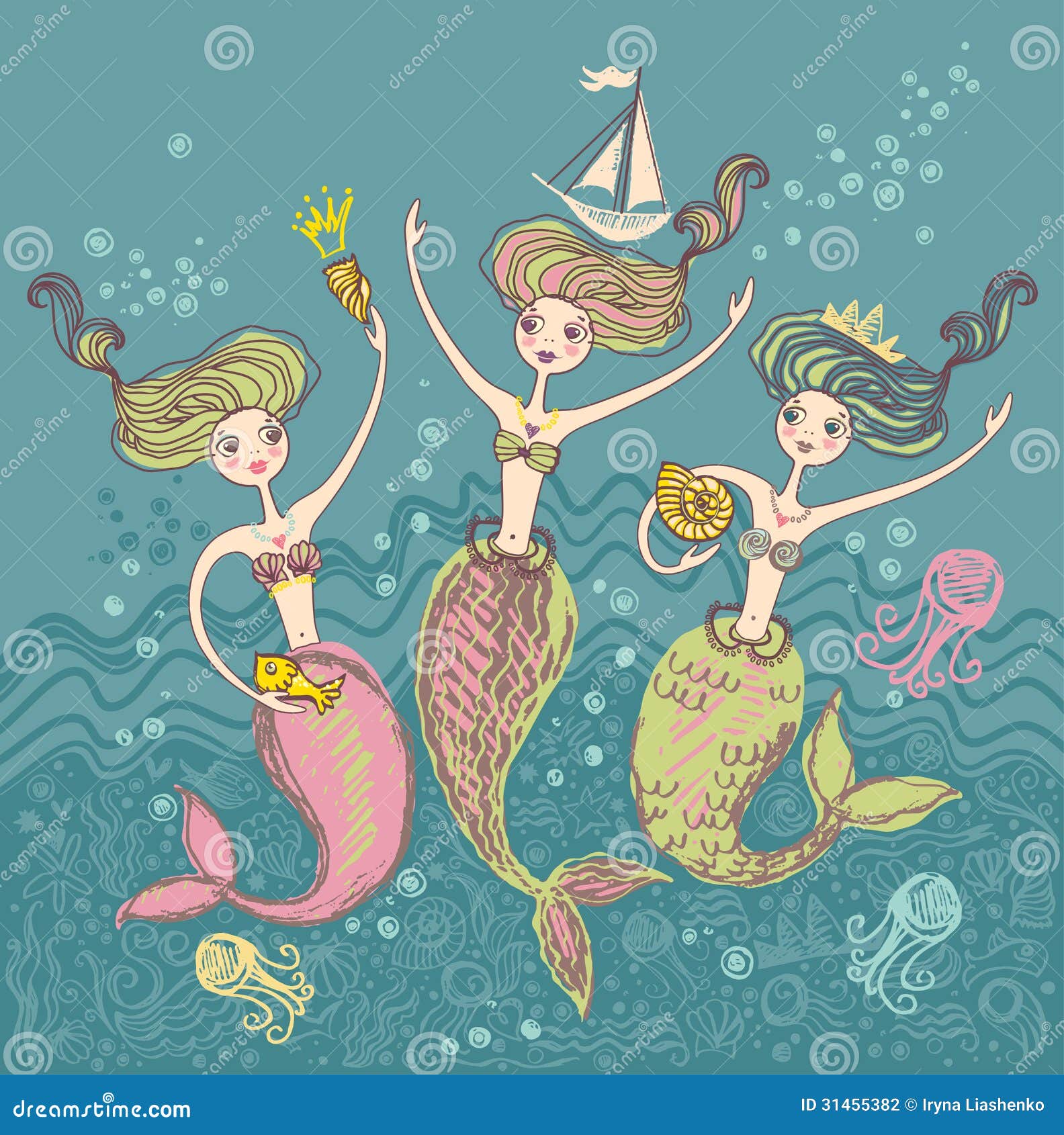 Mermaids Playing With Sea Dwellers And Fishes, Flat Vector Illustration ...