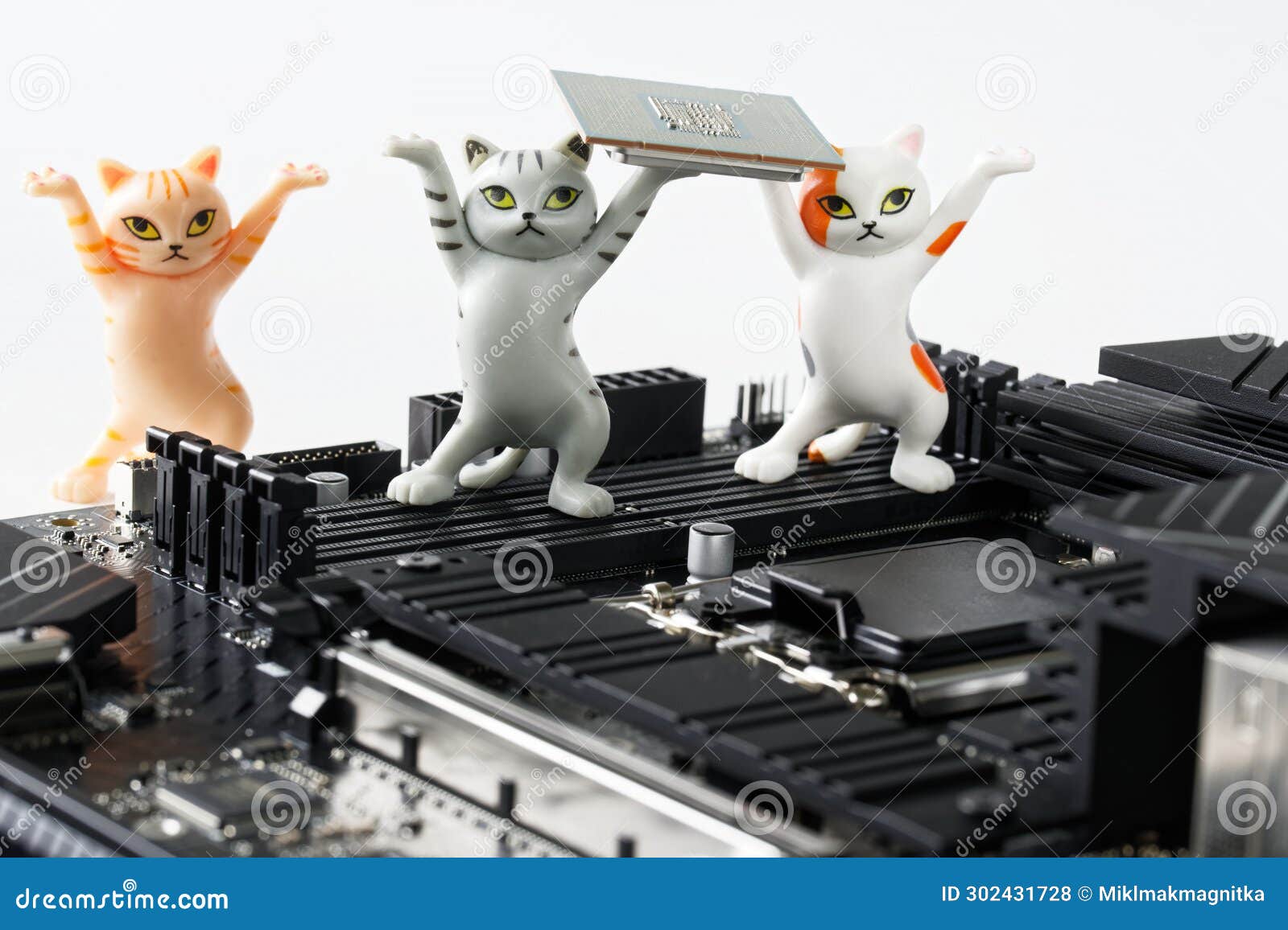 Three Funny Toy Kittens Mount a Processor into a Modern Socket on a ...