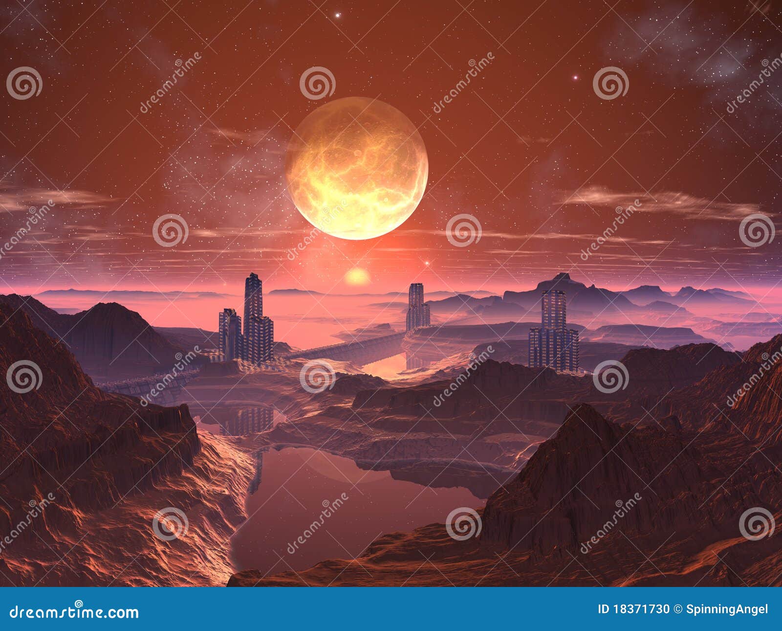 Three Futuristic Towered Cities with Moon at Sunse Stock Illustration ...