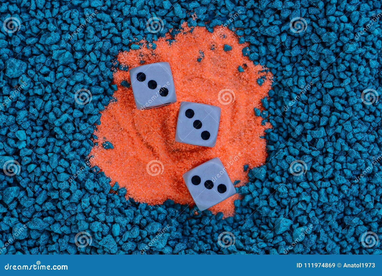 Three Game Dice on Red Sand and Blue Stones Stock Image - Image of ...