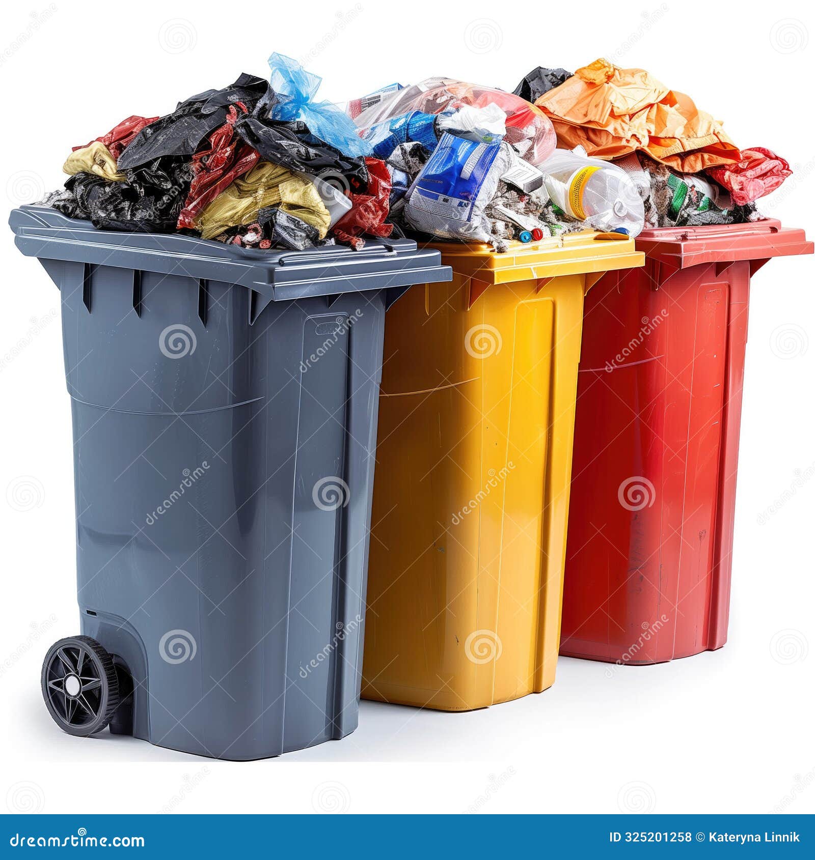 Three Garbage Bins Filled with Assorted Waste, Isolated on Transparent ...