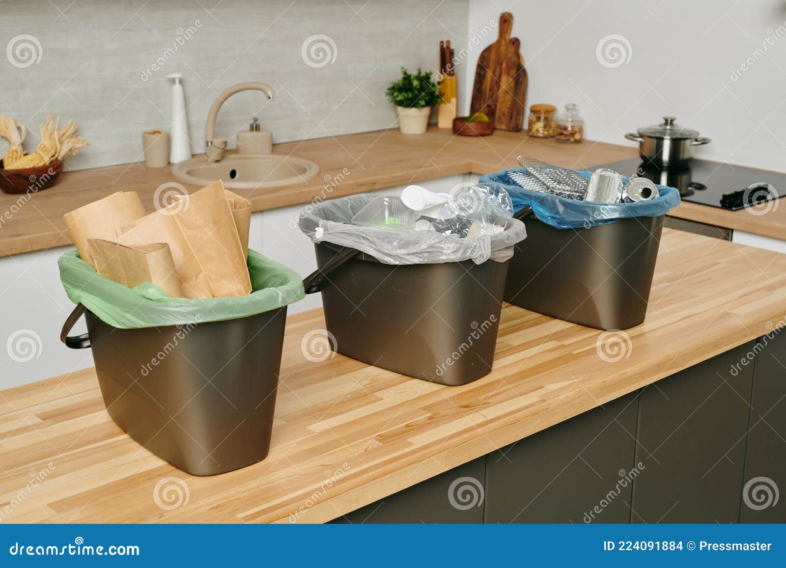 Three Garbage Bins with Sorted Waste Stock Photo - Image of trash ...
