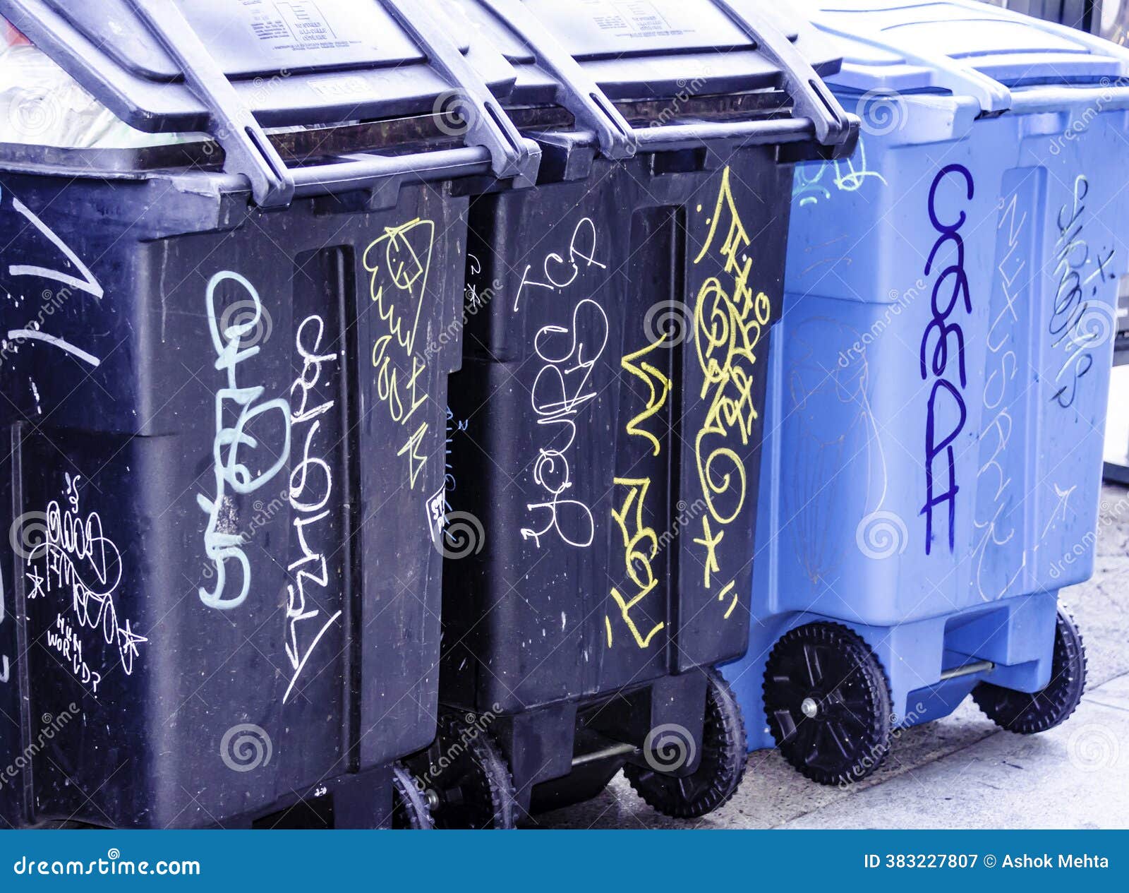 Three Garbage Bags For Segregating Glass, Foil And Paper Standing On A ...
