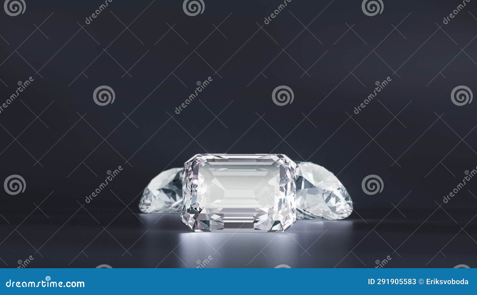 Three Gems in Emerald Shape with Glares. Dark Backdrop with Reflection ...