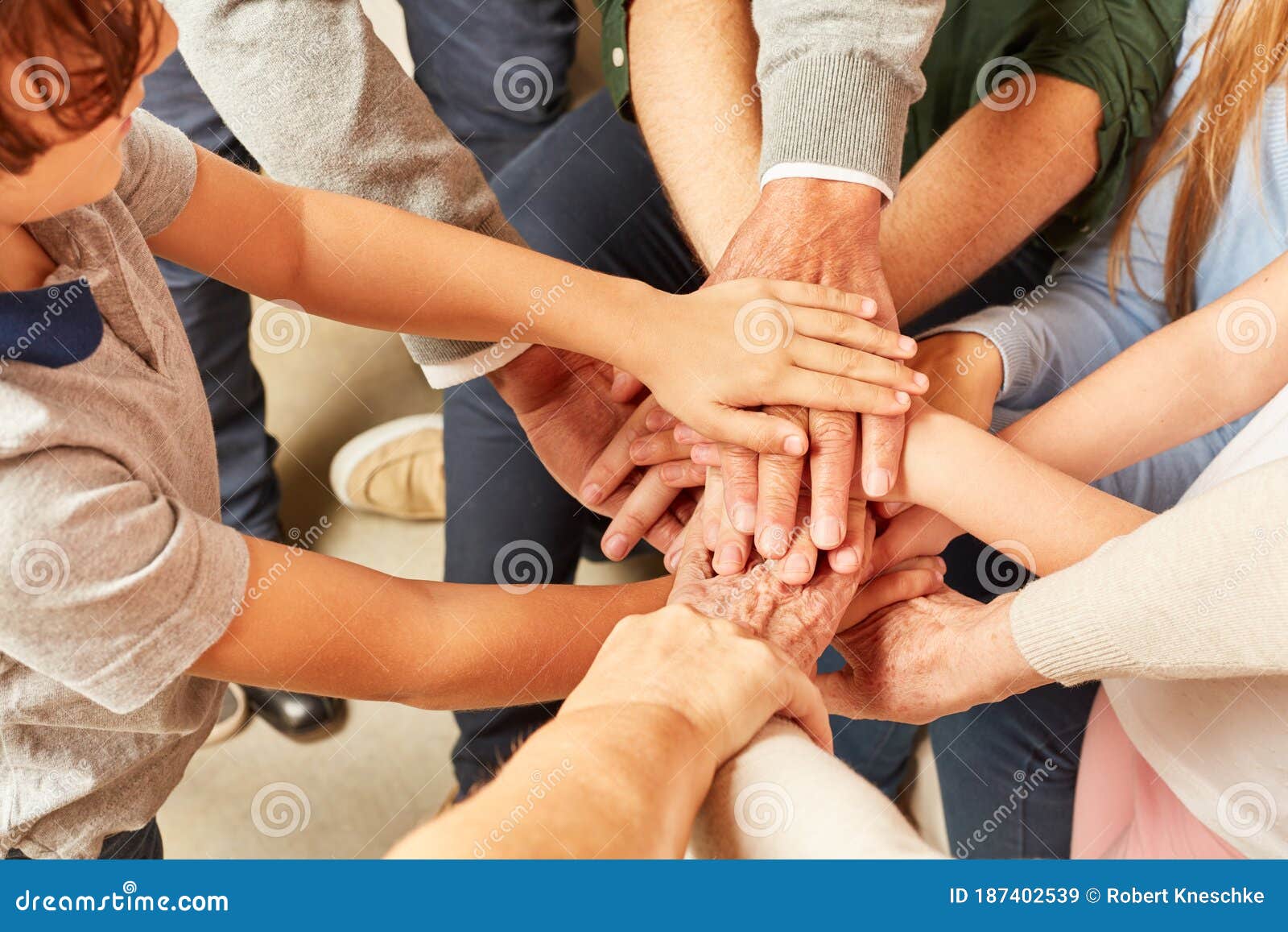 Three Generation Family in Hands Stacking Stock Image - Image of kids ...