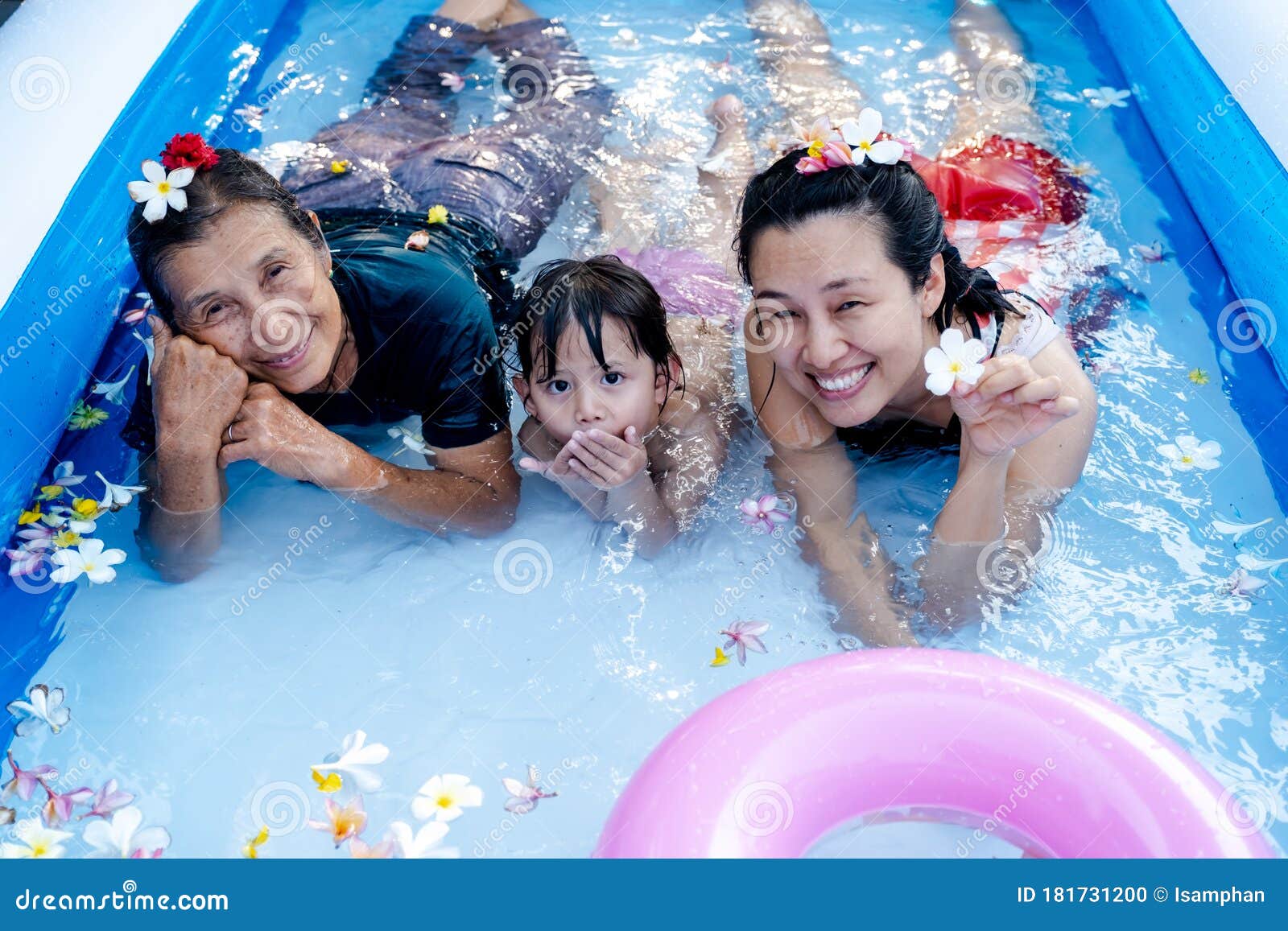Three Generation People Swimming in Inflatable Pool at the Summer Time ...