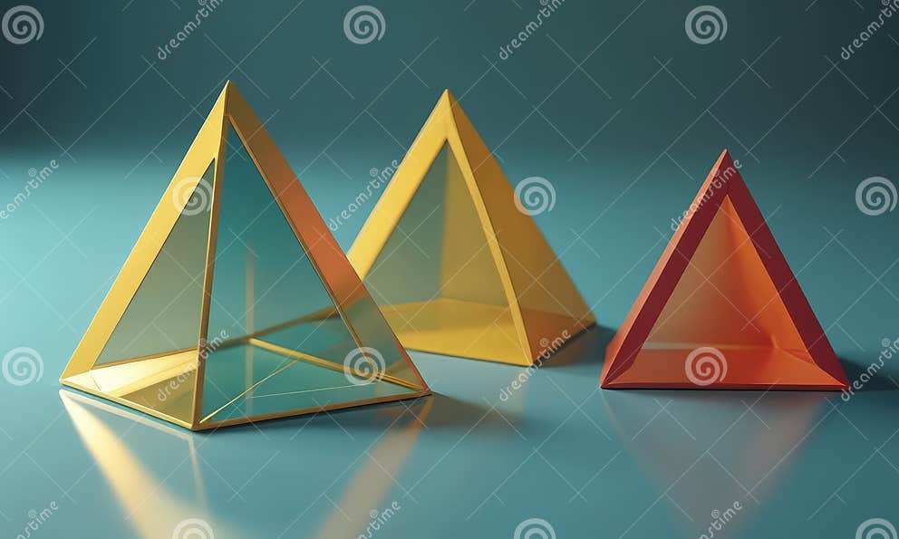 Three Geometric Shapes, Including Yellow Pyramid, Red Pyramid, and Blue ...