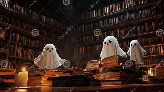 Three Ghosts Reading in a Dusty Library Stock Illustration ...