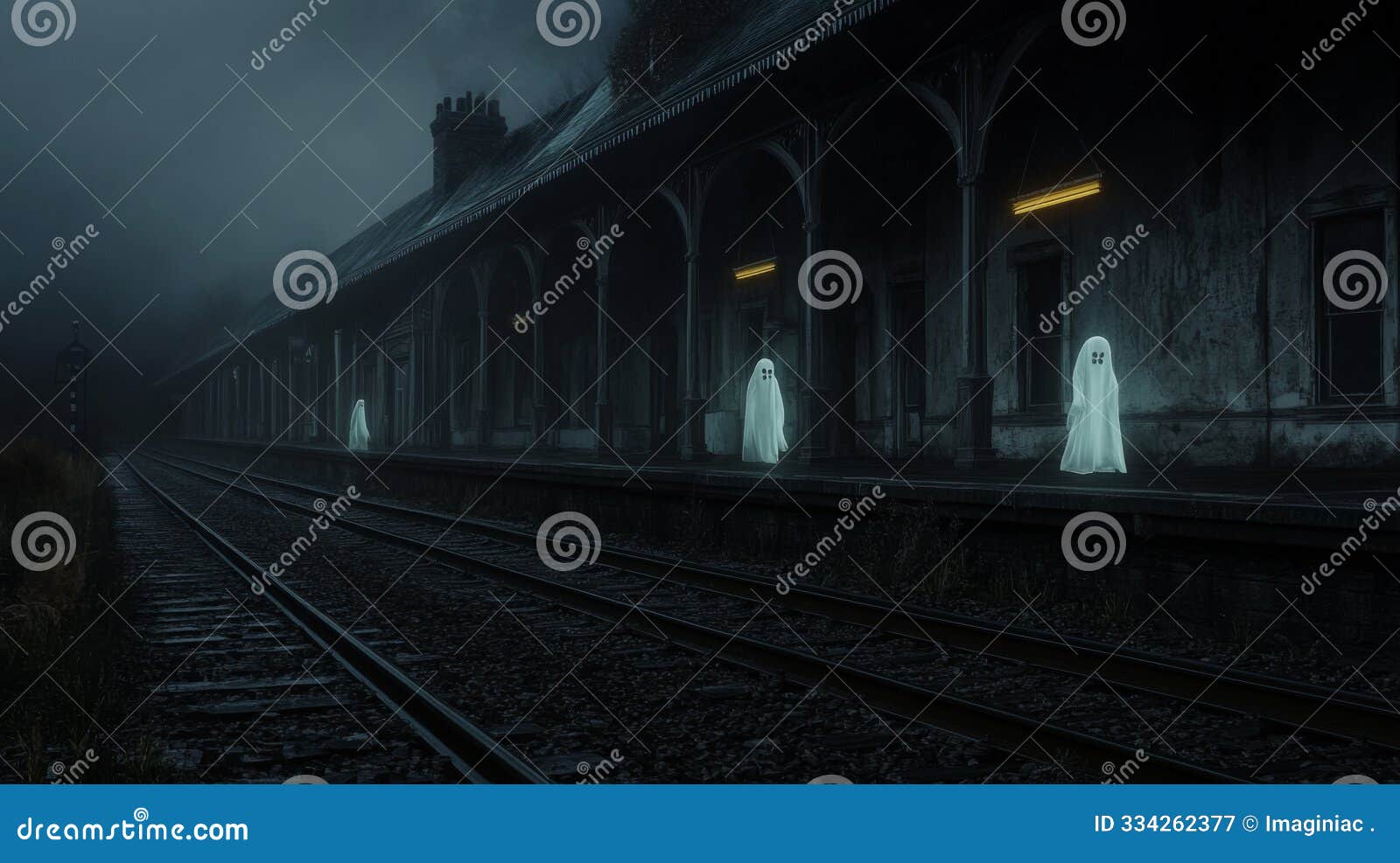 Three Ghosts Standing on a Train Platform at Night Stock Illustration ...