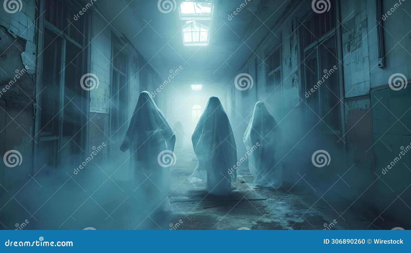 Three Ghosts Walking through a Sunlit Hallway, AI-generated. Stock ...