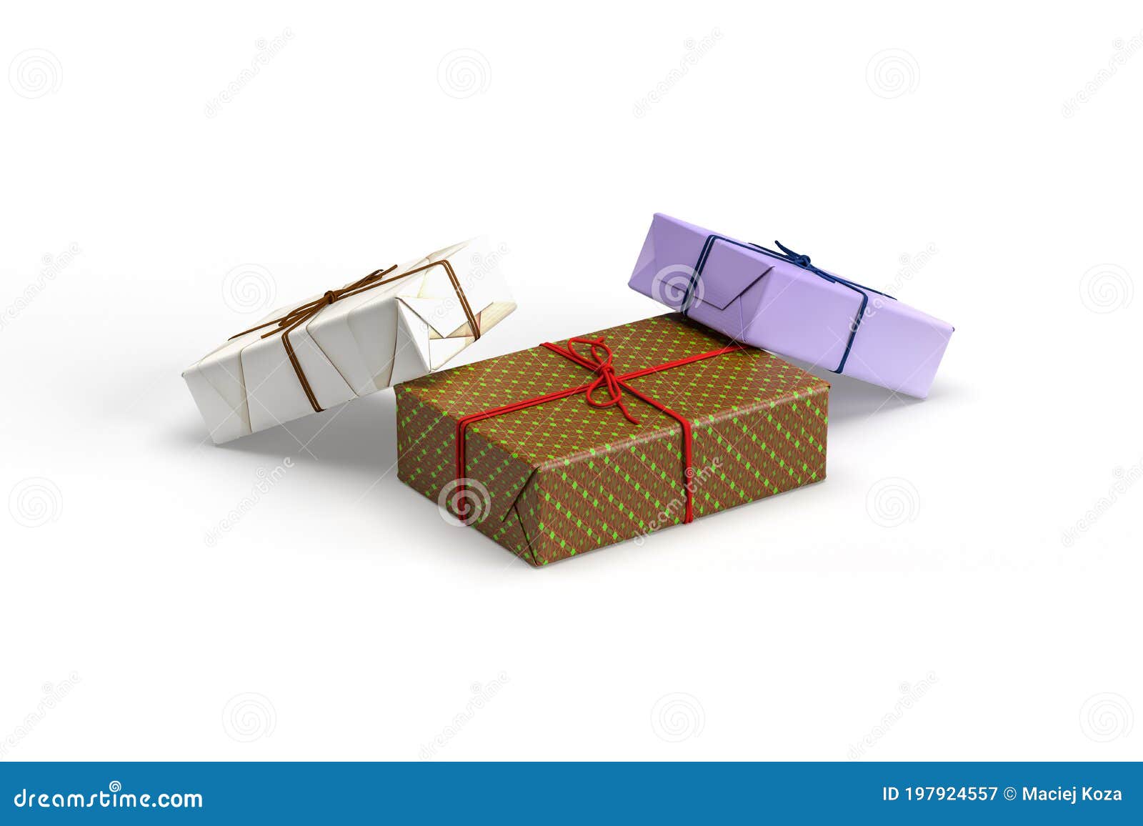 Three Gift Boxes Wrapped in Decorative Paper with Colored Strings ...