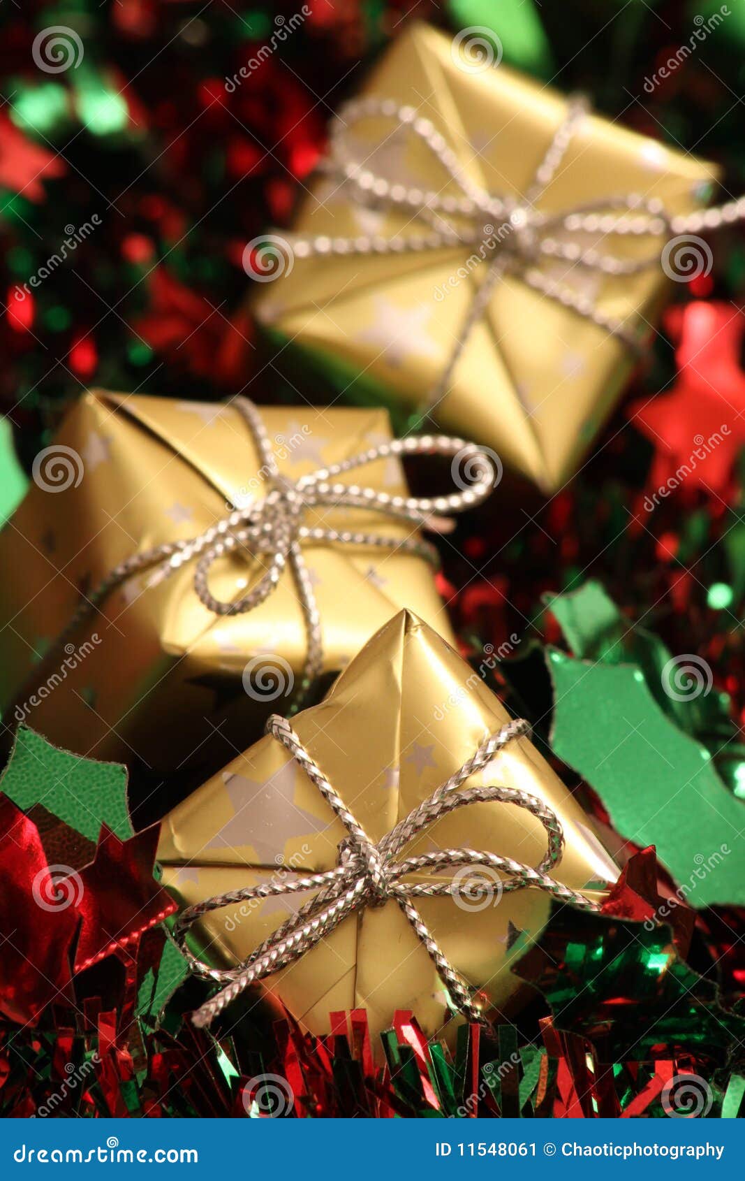 Three gifts stock image. Image of tinsel, christmastime - 11548061