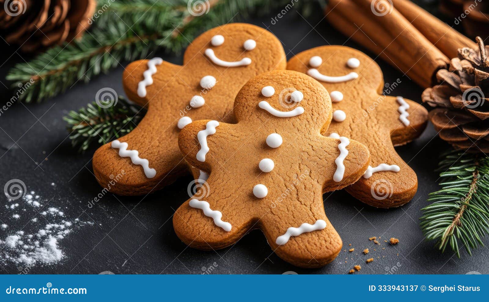 Three Gingerbread Men are Sitting on a Table with Pine Cones, AI Stock ...