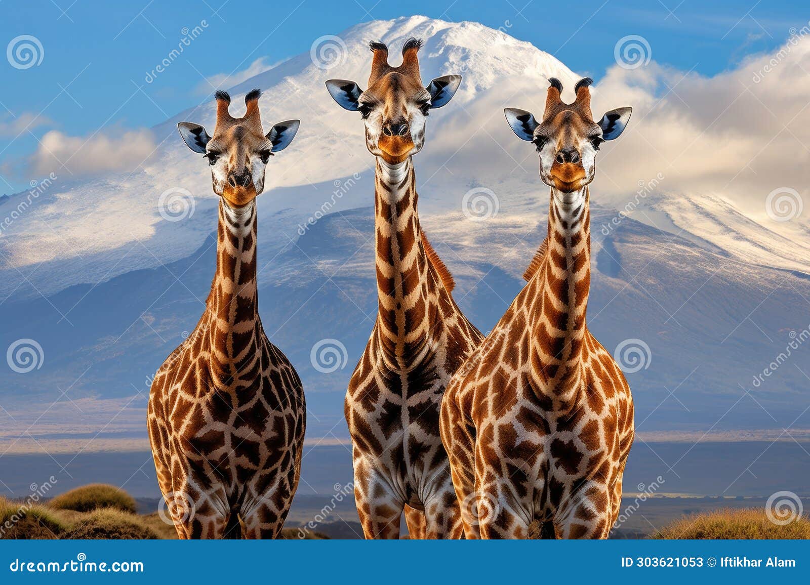 Three Giraffes Stand Majestically in Front of a Towering Mountain ...