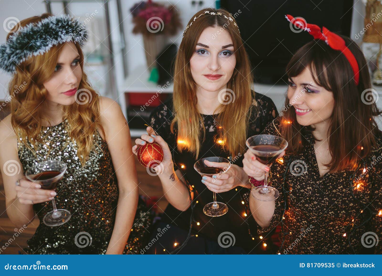 Three Girl at a Home Christmas Party Stock Image - Image of portrait ...