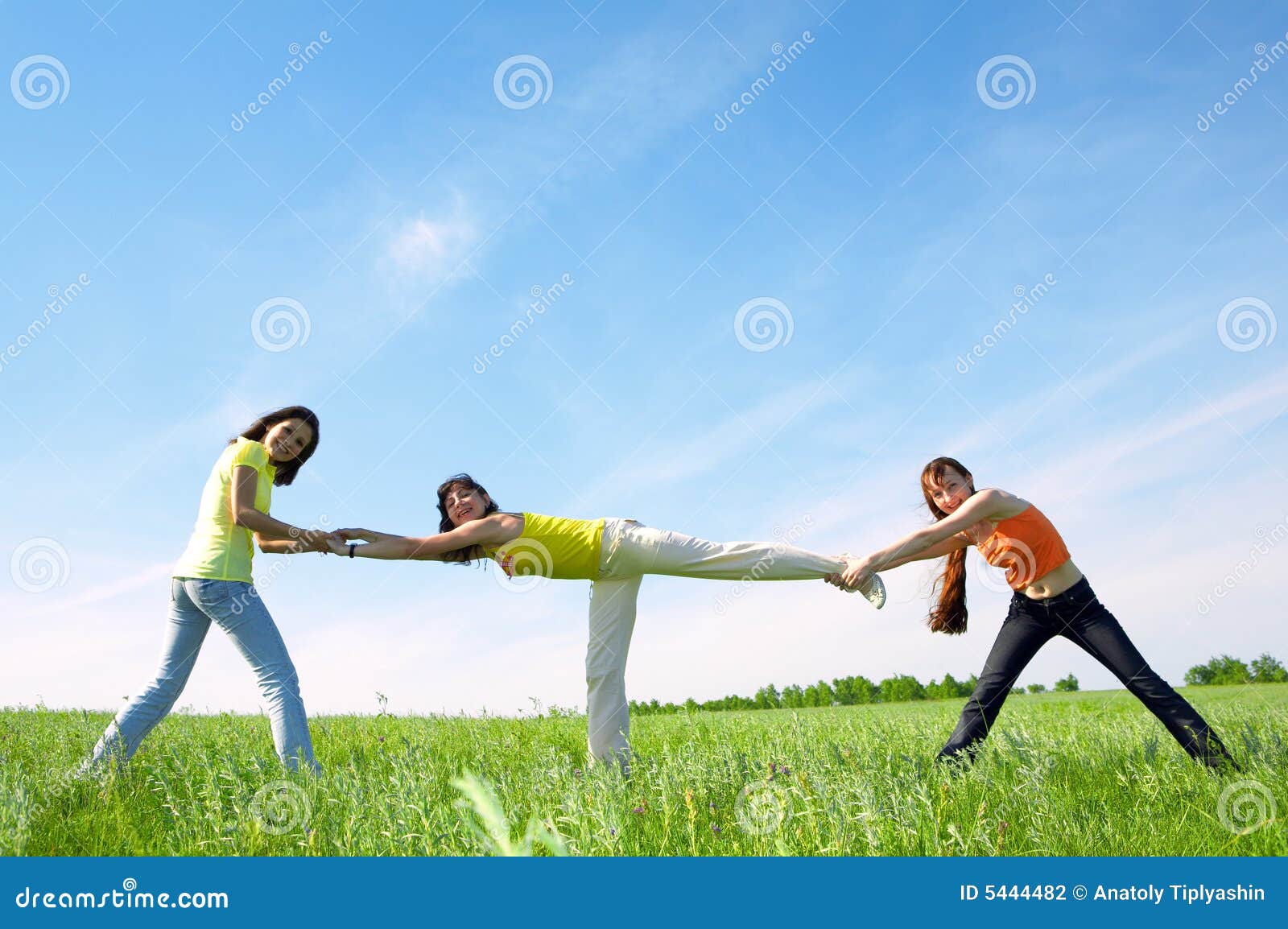 Three Girlfriend in Green Field Stock Photo - Image of group, people ...