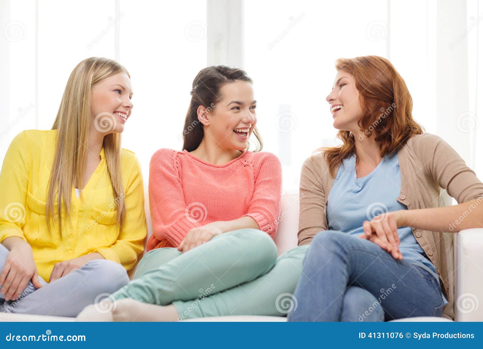 Three Girlfriends Having a Talk at Home Stock Photo - Image of ...