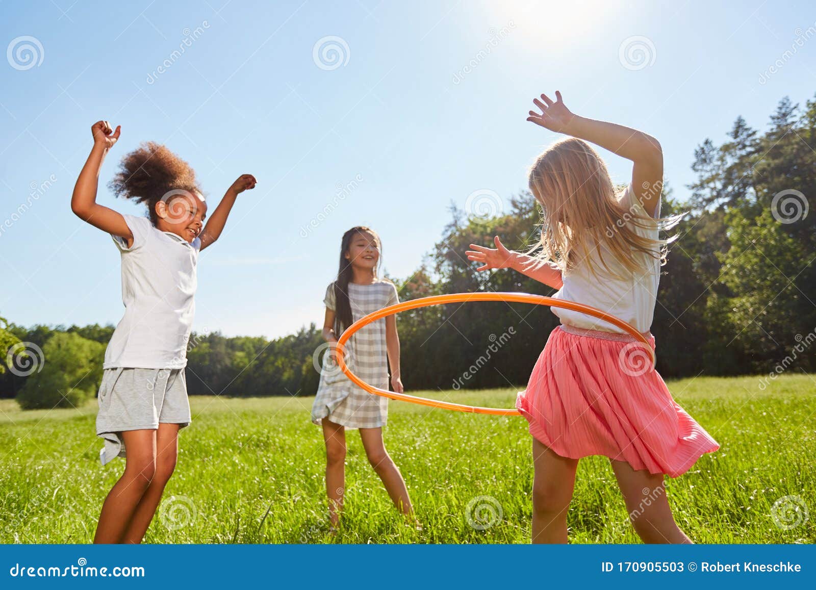 Three Girlfriends Play with Gymnastics Hoops Stock Image - Image of ...