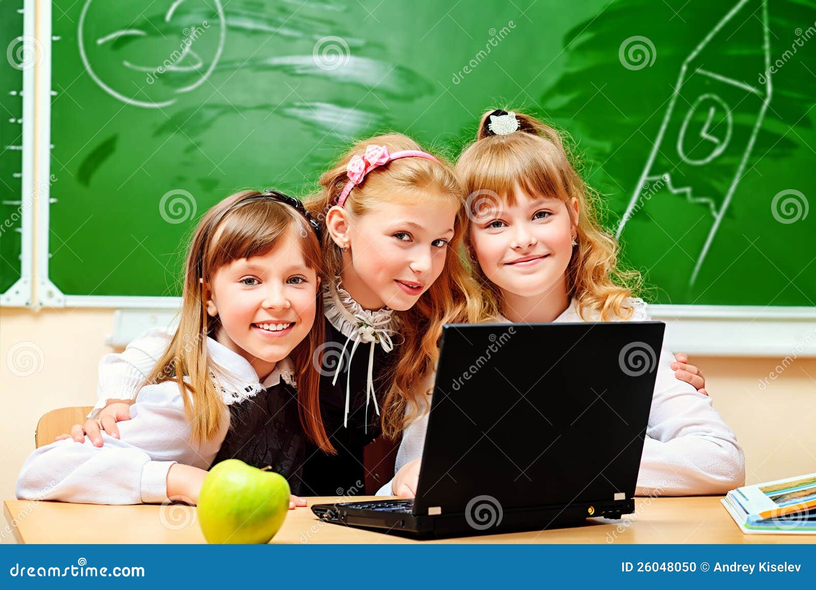 Three girls stock photo. Image of classmate, board, happy - 26048050