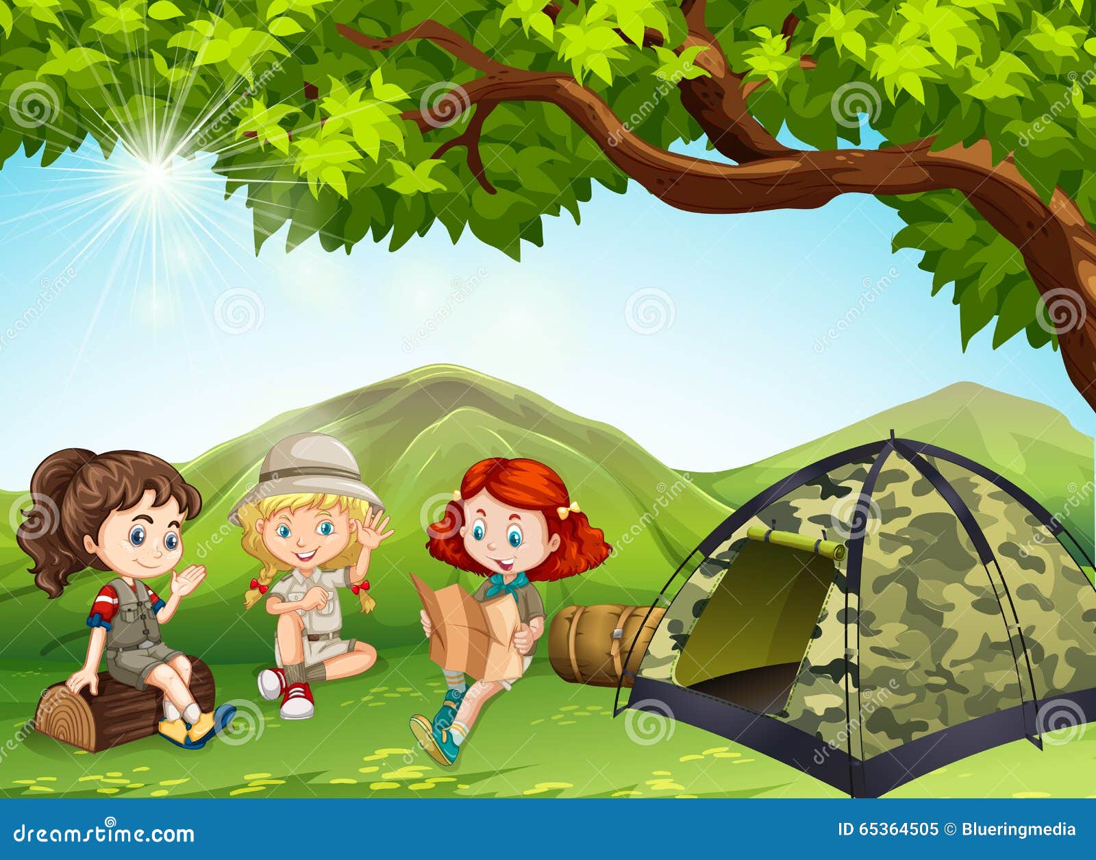 Three Girls Camping Out in the Field Stock Vector - Illustration of ...