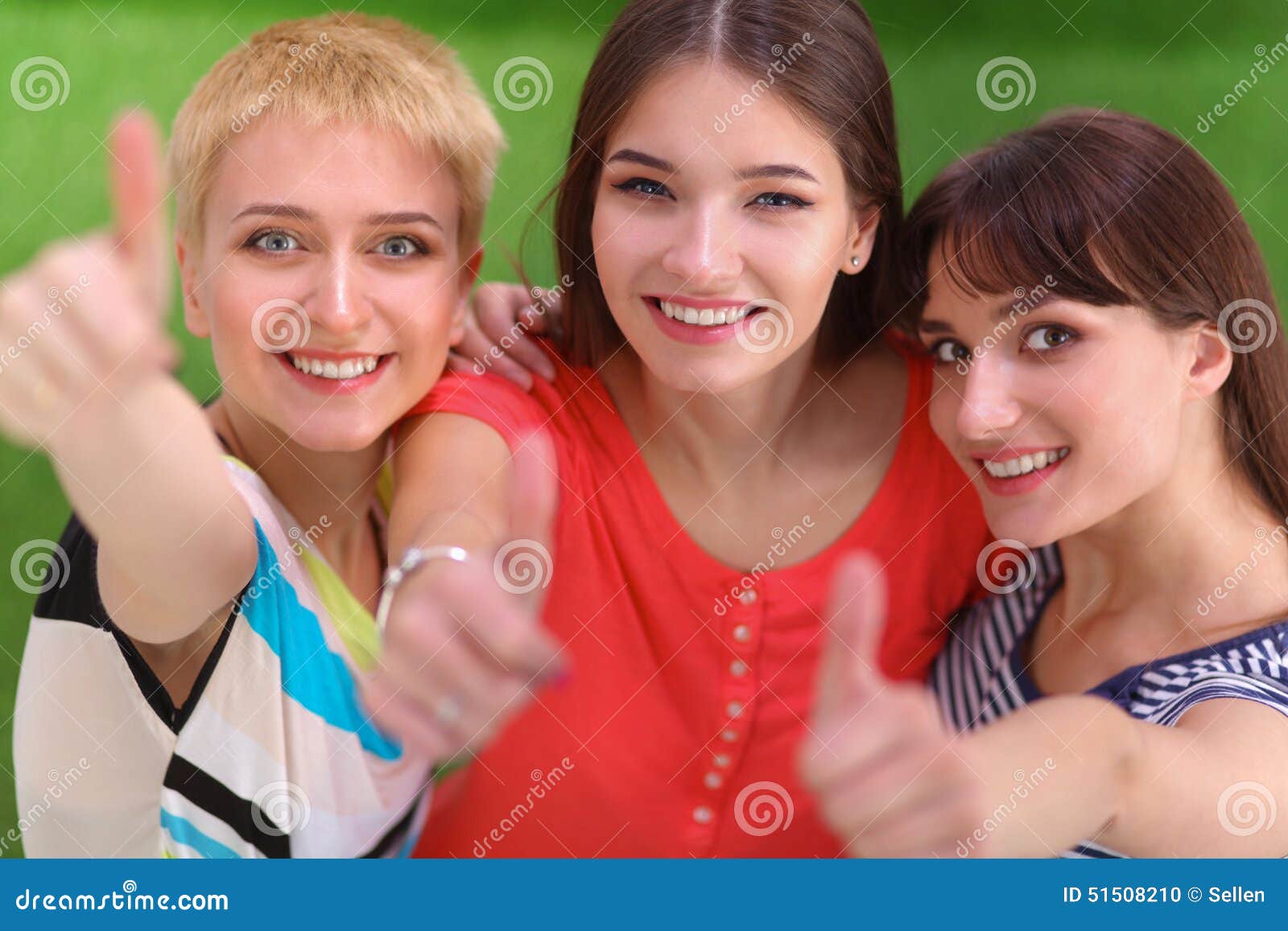Three Girls Friends Gesturing Thumbs Up Stock Photo - Image of approve ...