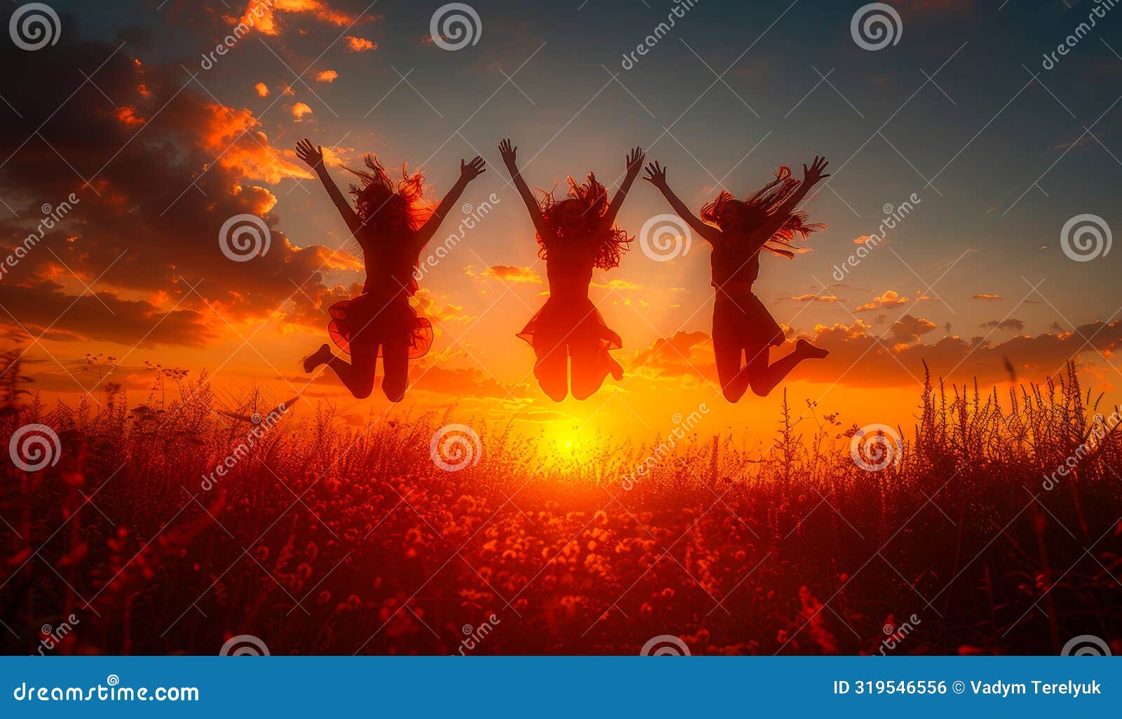 Three Girls Jumping on the Field at the Sunset Time Stock Photo - Image ...