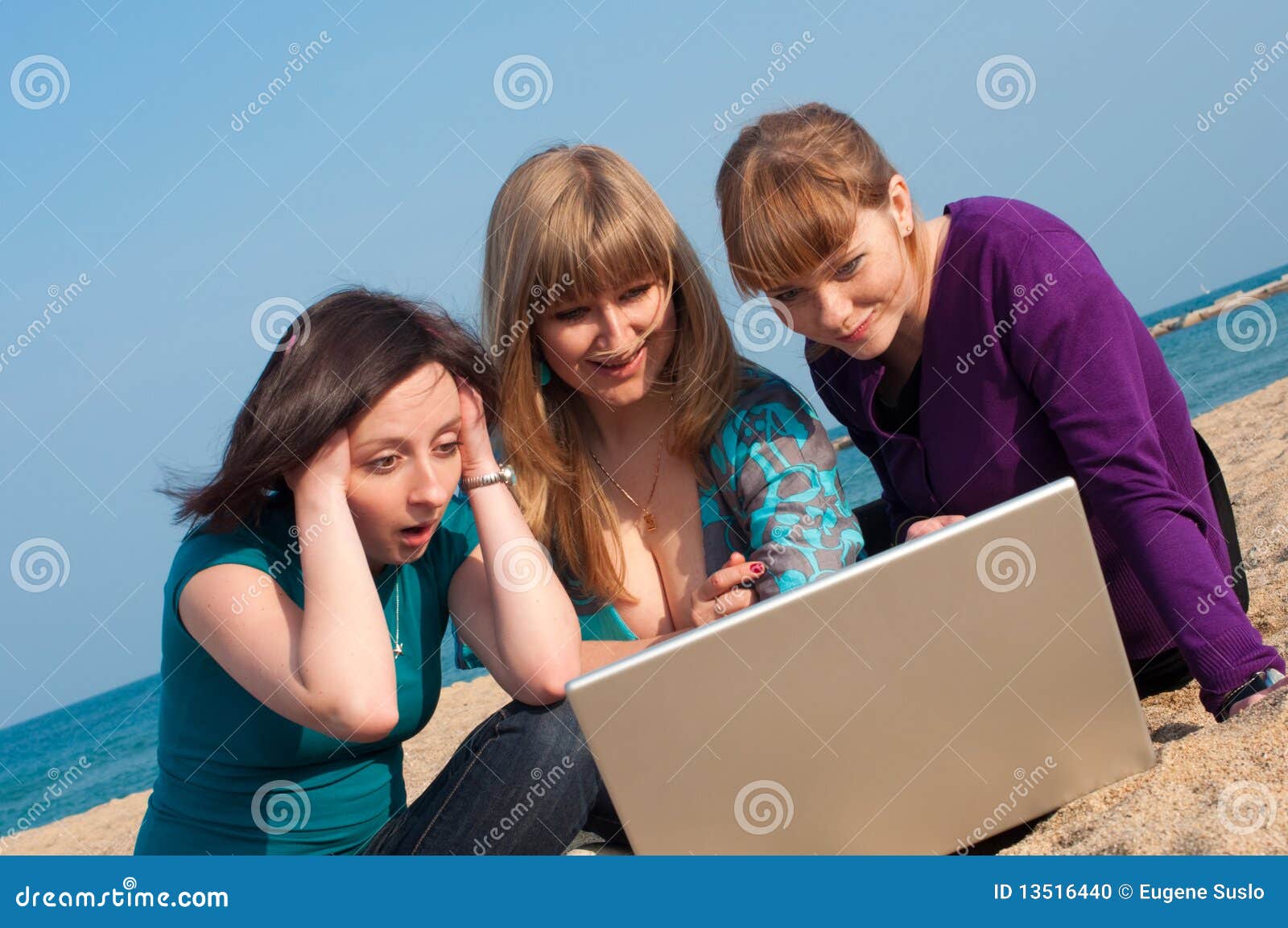Three girls with a laptop stock photo. Image of happiness - 13516440