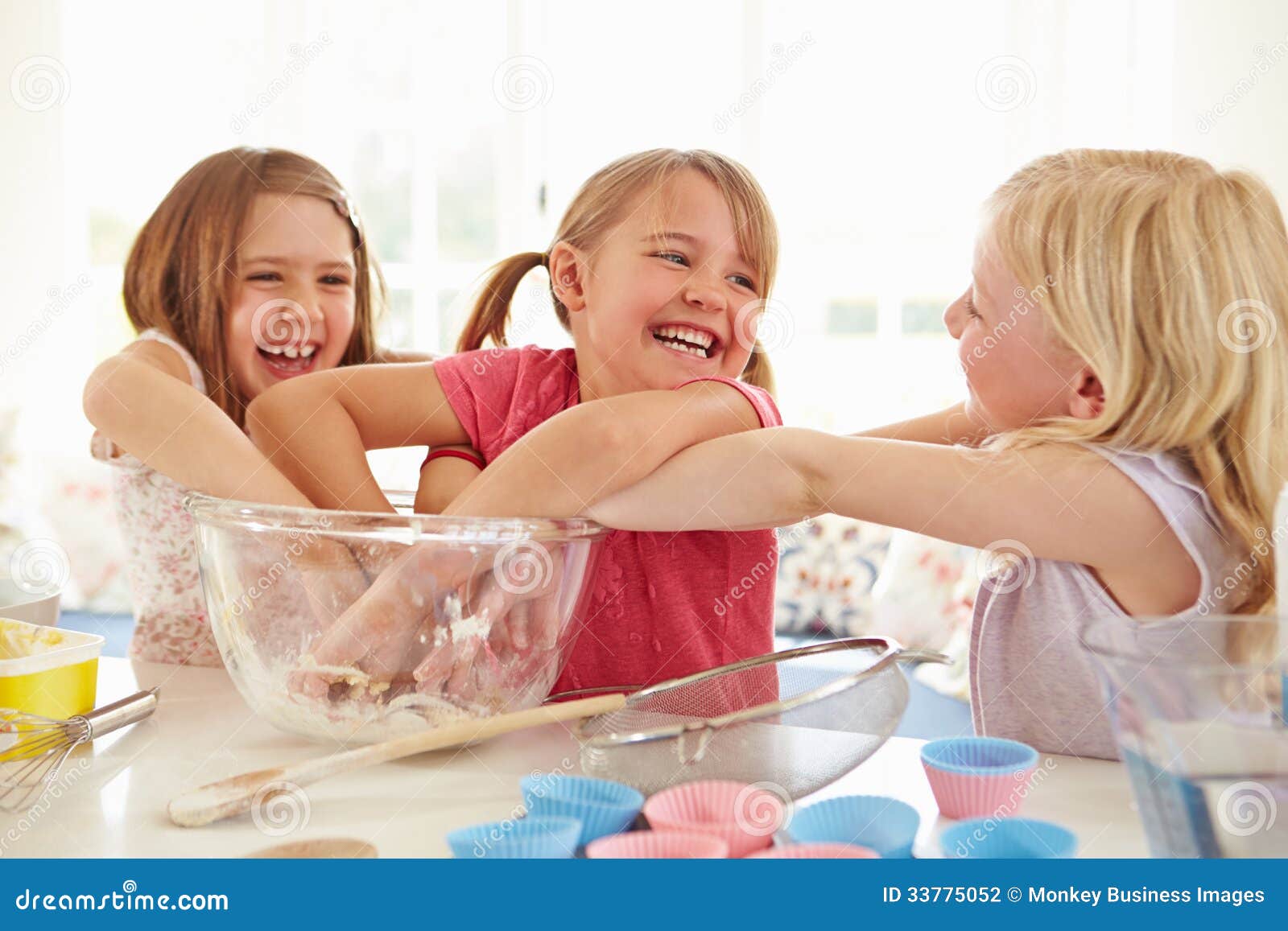 Three Girls Making Cupcakes in Kitchen Stock Photo - Image of cute ...