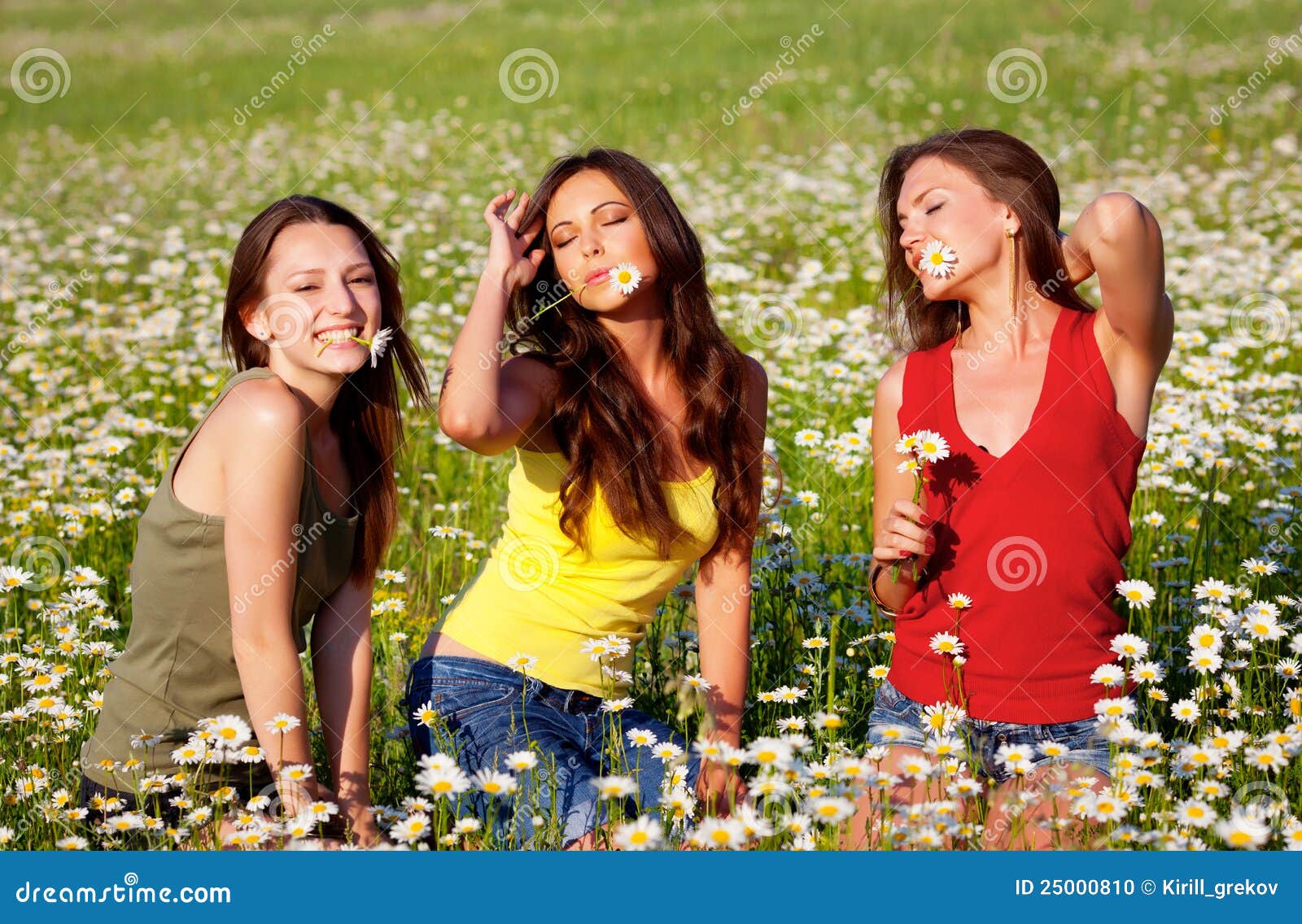 Three girls on the meadow stock photo. Image of beauty - 25000810