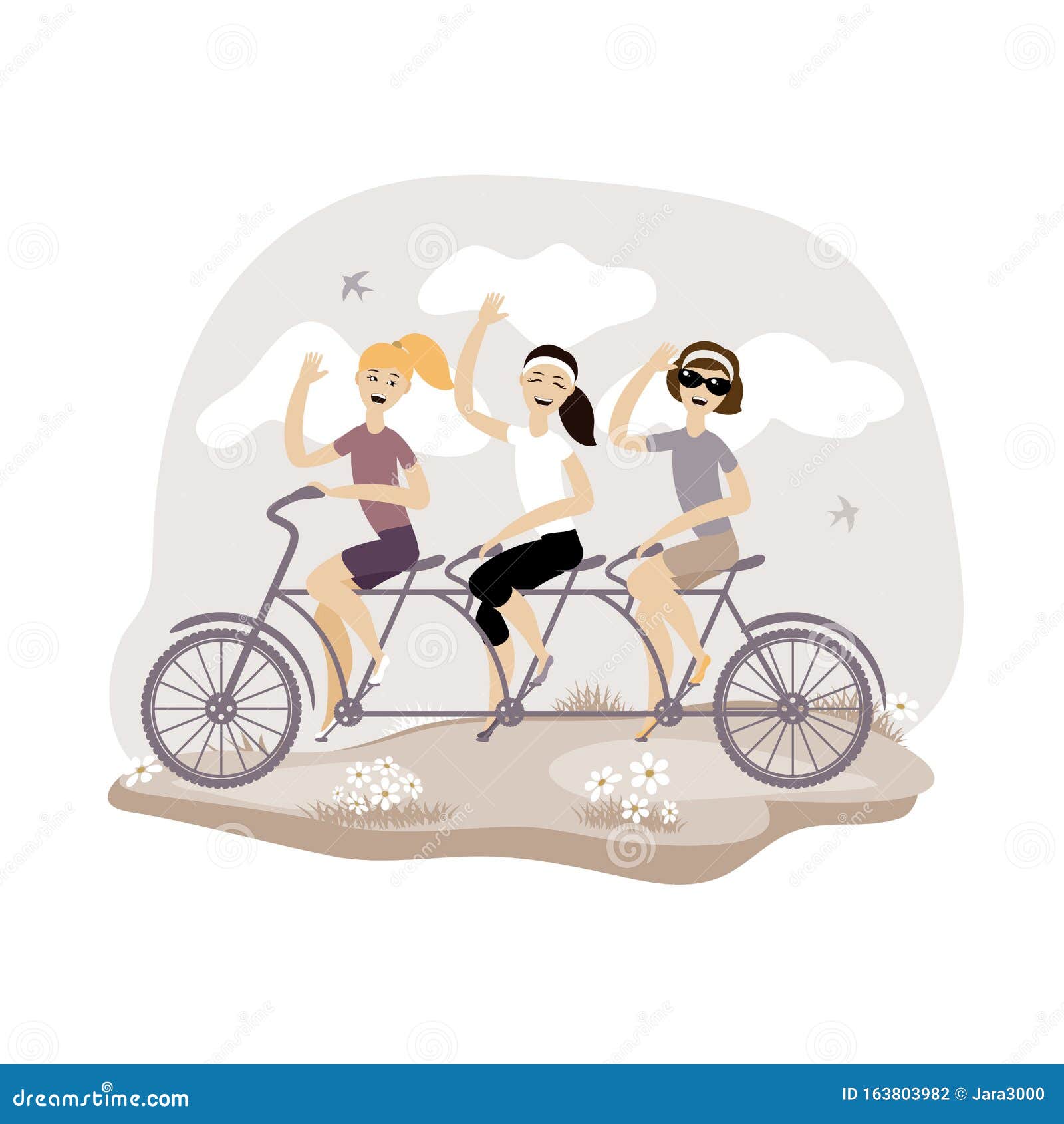 Three Girls Ride a Triple Bike. Vector Image Stock Vector ...