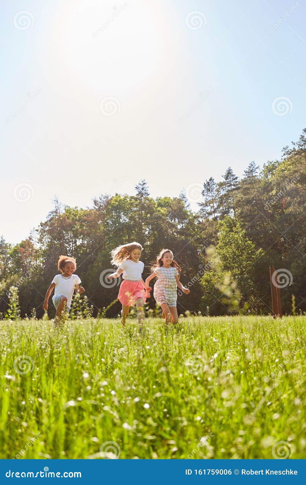 Three Girls are Running Across a Meadow in Summer Stock Photo - Image ...