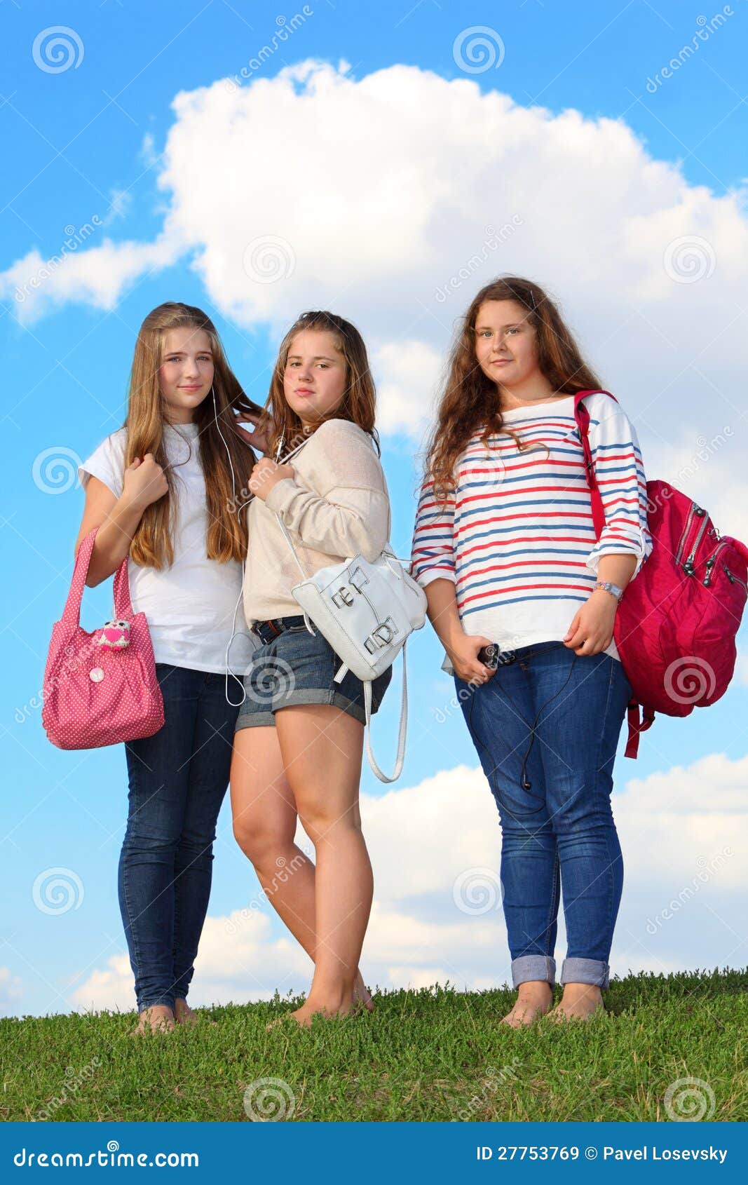 Three Girls Stand with Bags on Grass Stock Image - Image of friendship ...