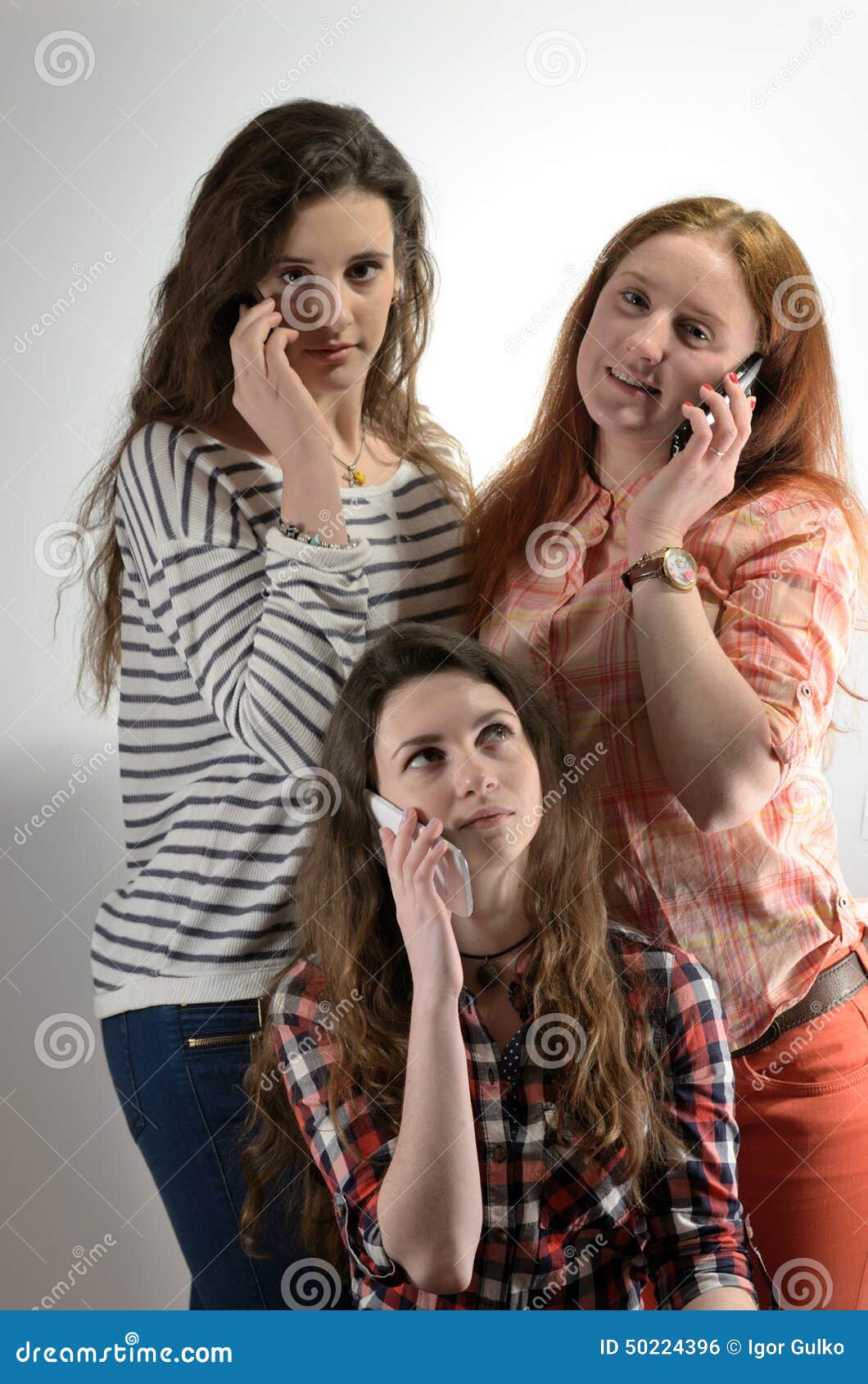 Three Girls are Talking on the Phone Stock Photo - Image of person ...