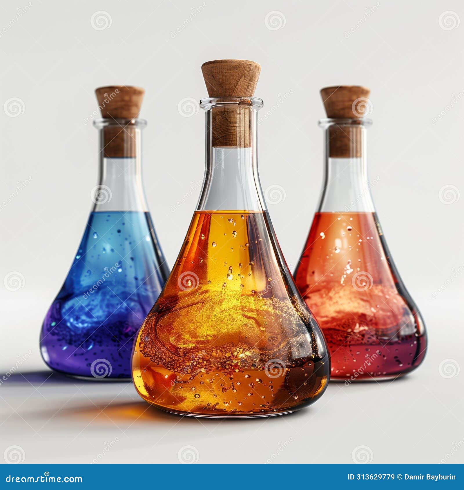 Three Glass Beakers Filled with Various Colored Liquids on a White ...