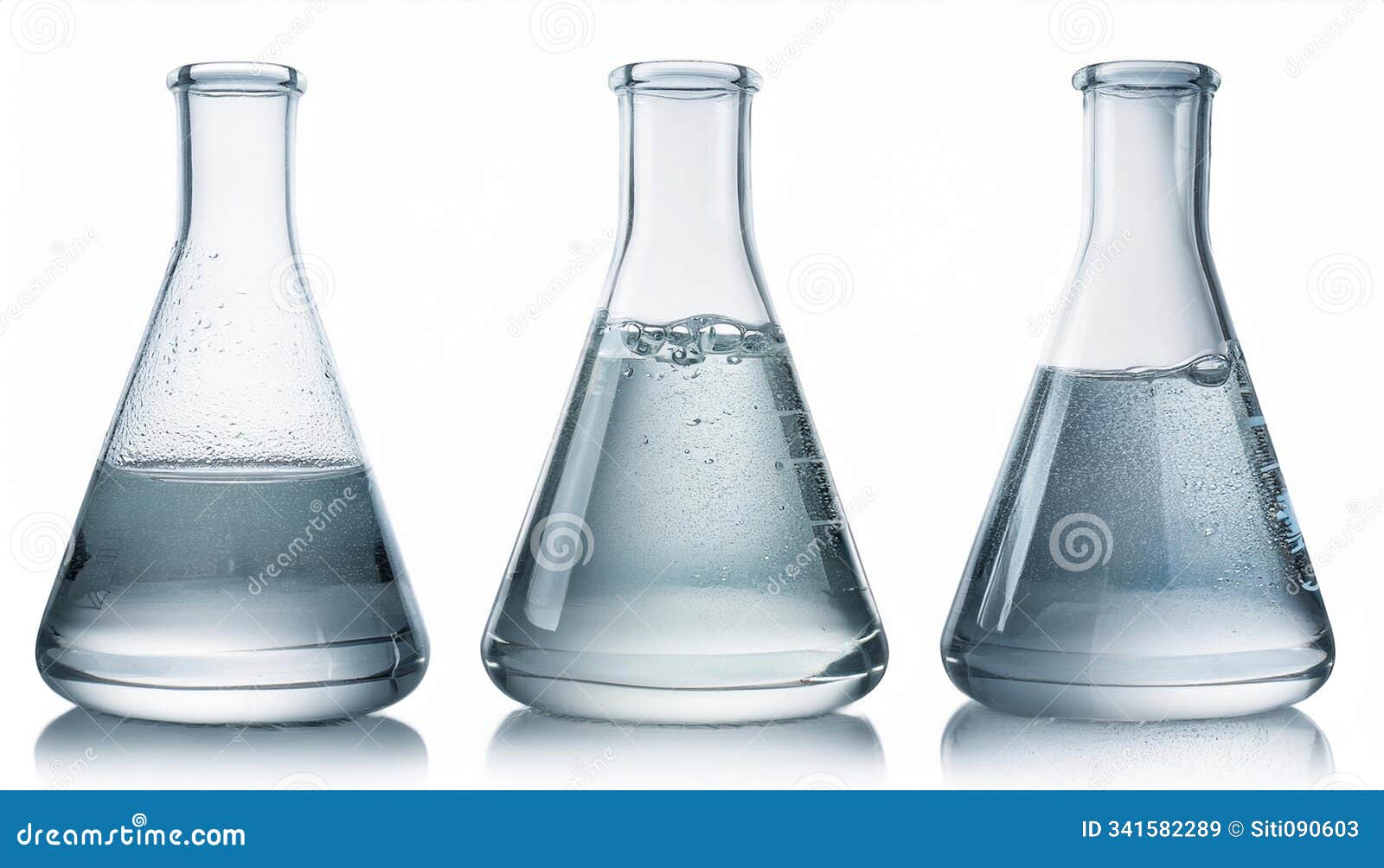 Three Glass Erlenmeyer Flasks with Liquid and Bubbles on White ...