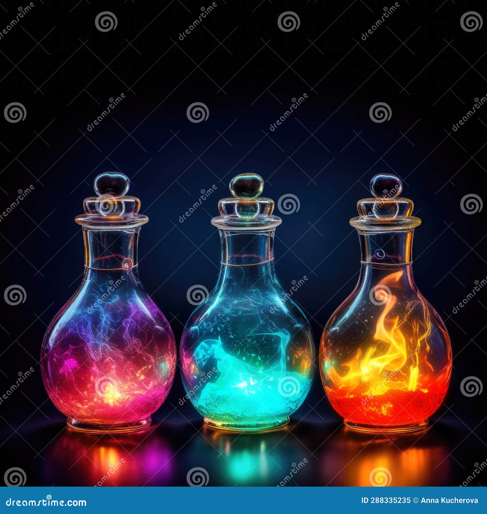 Three Glass Flasks with Glowing Magic Potions of Different Colors Over ...