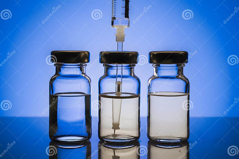 Three Glass Vials With Clear And White Substances Syringe Medical Theme Stock Illustration
