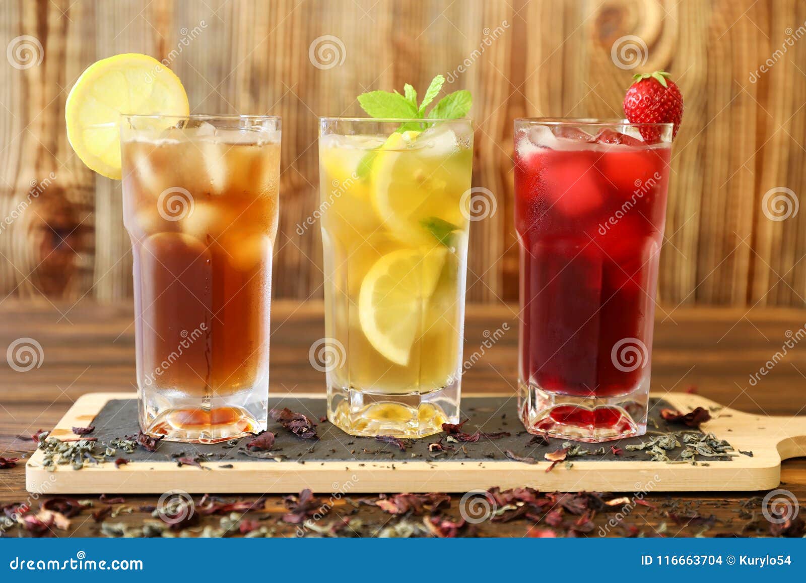 Three Glasses of Different Cold Tea Drinks Black, Green with Lemon and ...